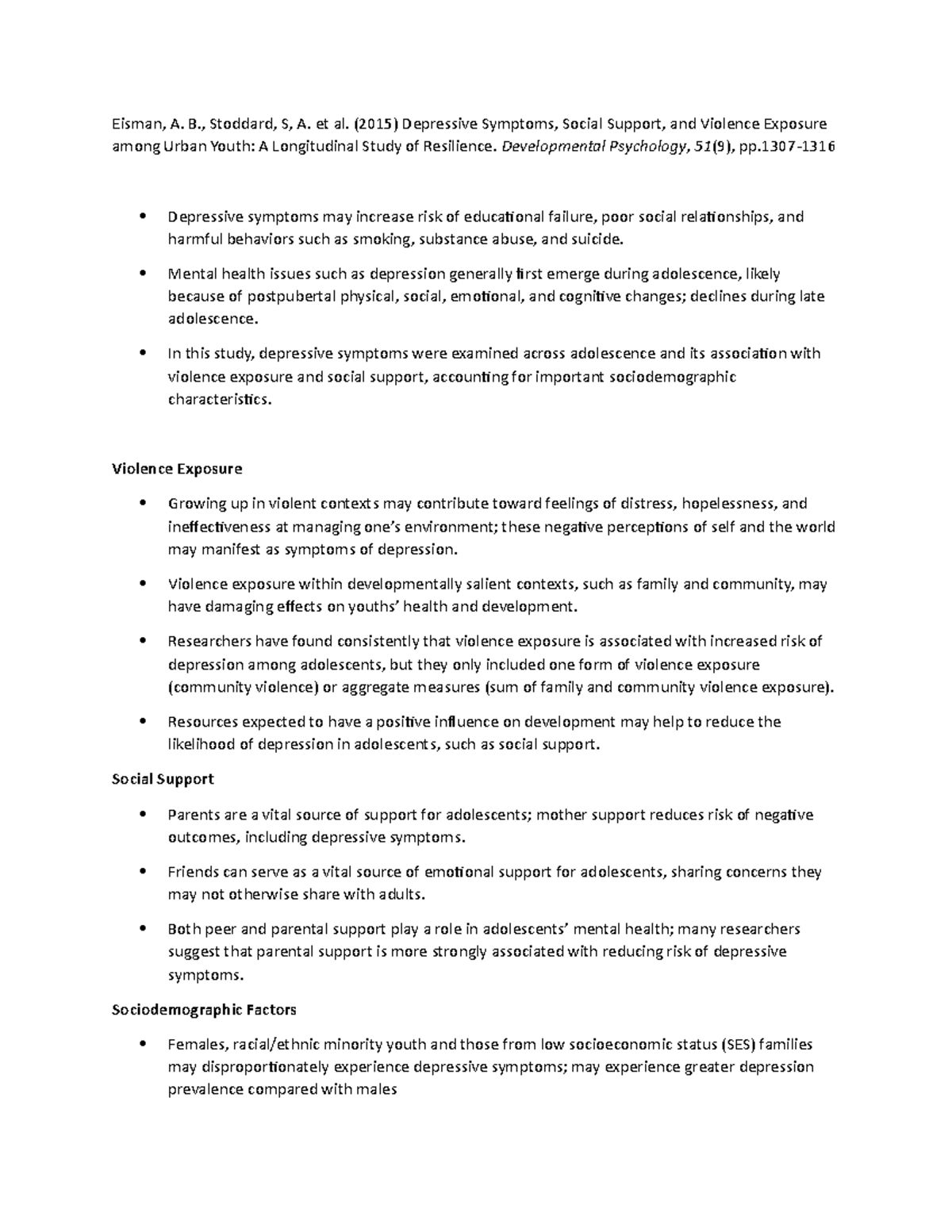 Group presentation outline - Eisman, A. B., Stoddard, S, A. et al ...