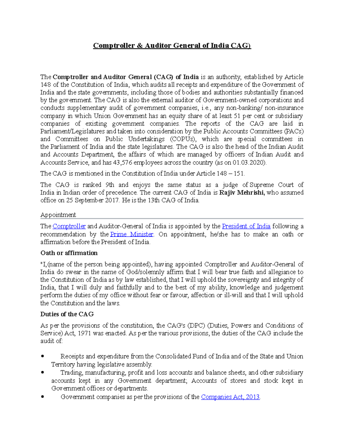 CAG - Lecture notes 9 - Comptroller & Auditor General of India CAG) The ...