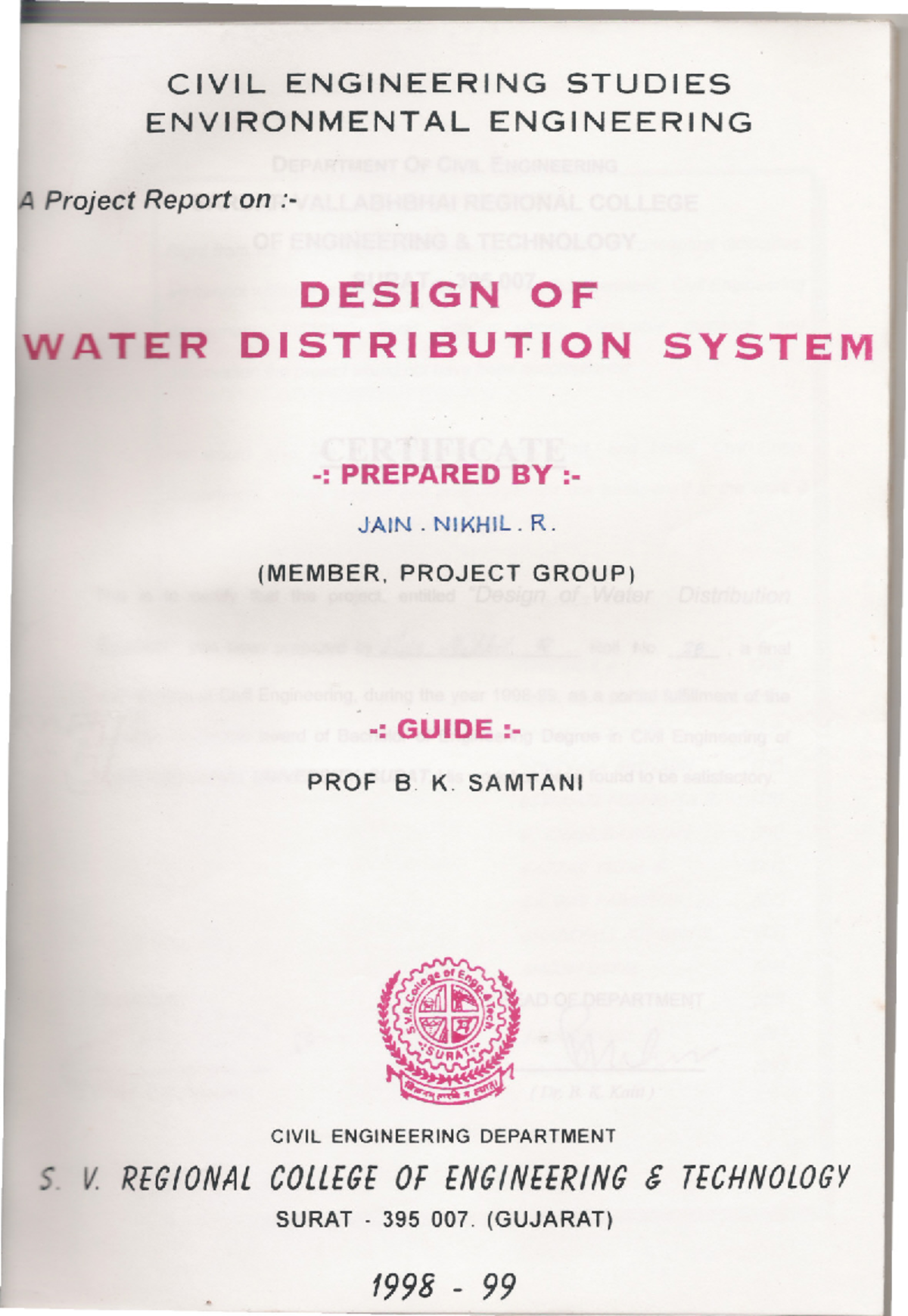Design of Water Distribution System - ... .:-., 't..:., '. -..... CIVIL ...
