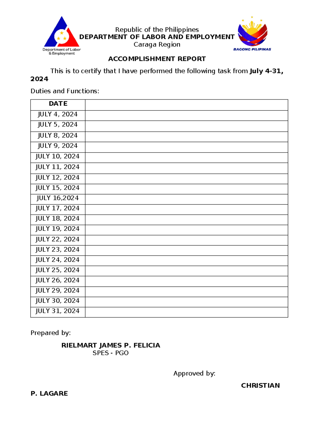 Accomplishment Report Format - Republic of the Philippines DEPARTMENT ...