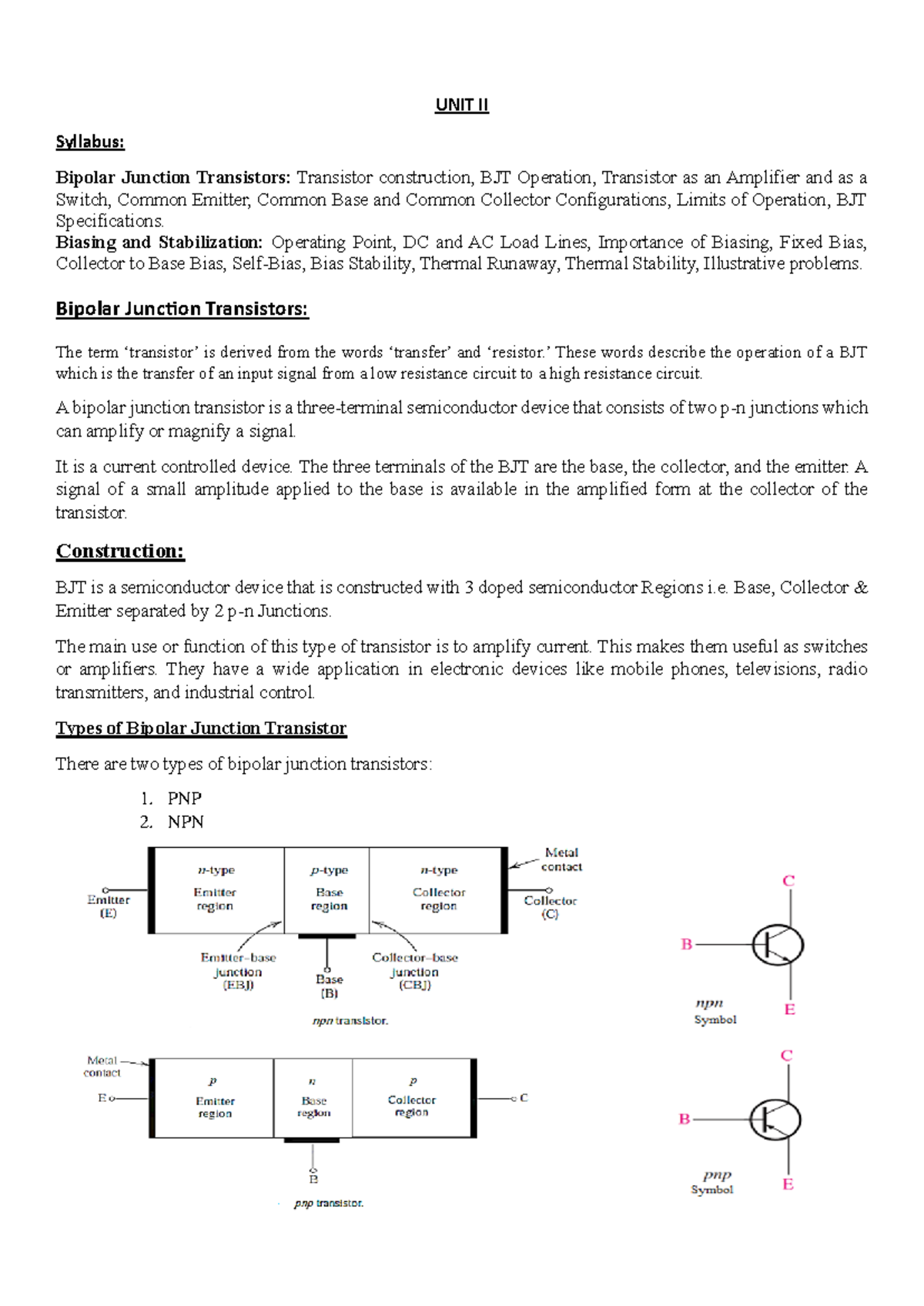Unit 2 EDC Material - important - UNIT II Syllabus: Bipolar Junction ...