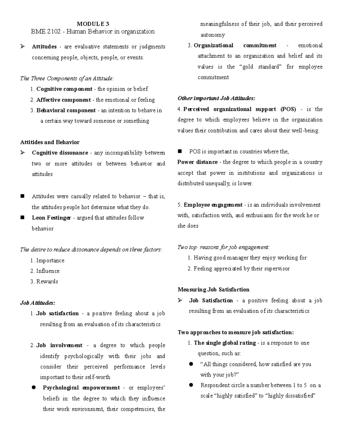 BME2102 Module 3 reviewer - MODULE 3 BME 2102 - Human Behavior in organization Attitudes - are ...