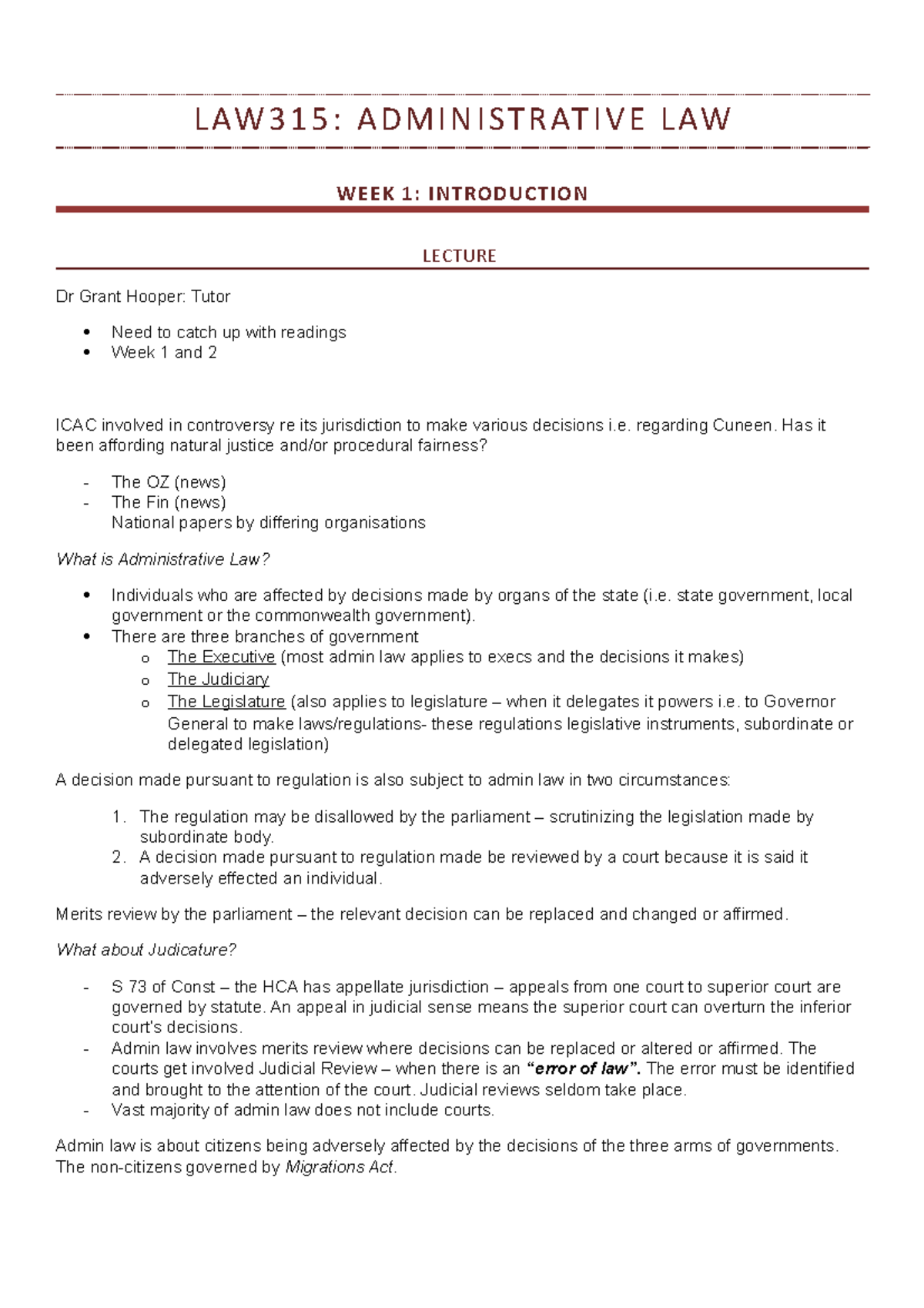 Admin Notes from a MACQ Student - LAW315: ADMINISTRATIVE LAW WEEK 1 ...
