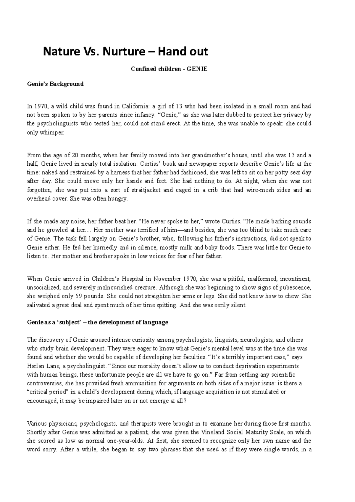 Nature Vs. Nurture Hand Out NEW - Nature Vs. Nurture – Hand out ...