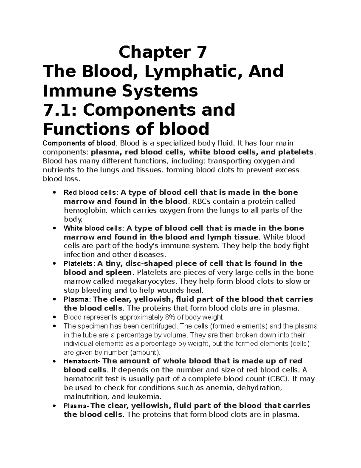 Exam notes on chapter 7 med term - Chapter 7 The Blood, Lymphatic, And ...