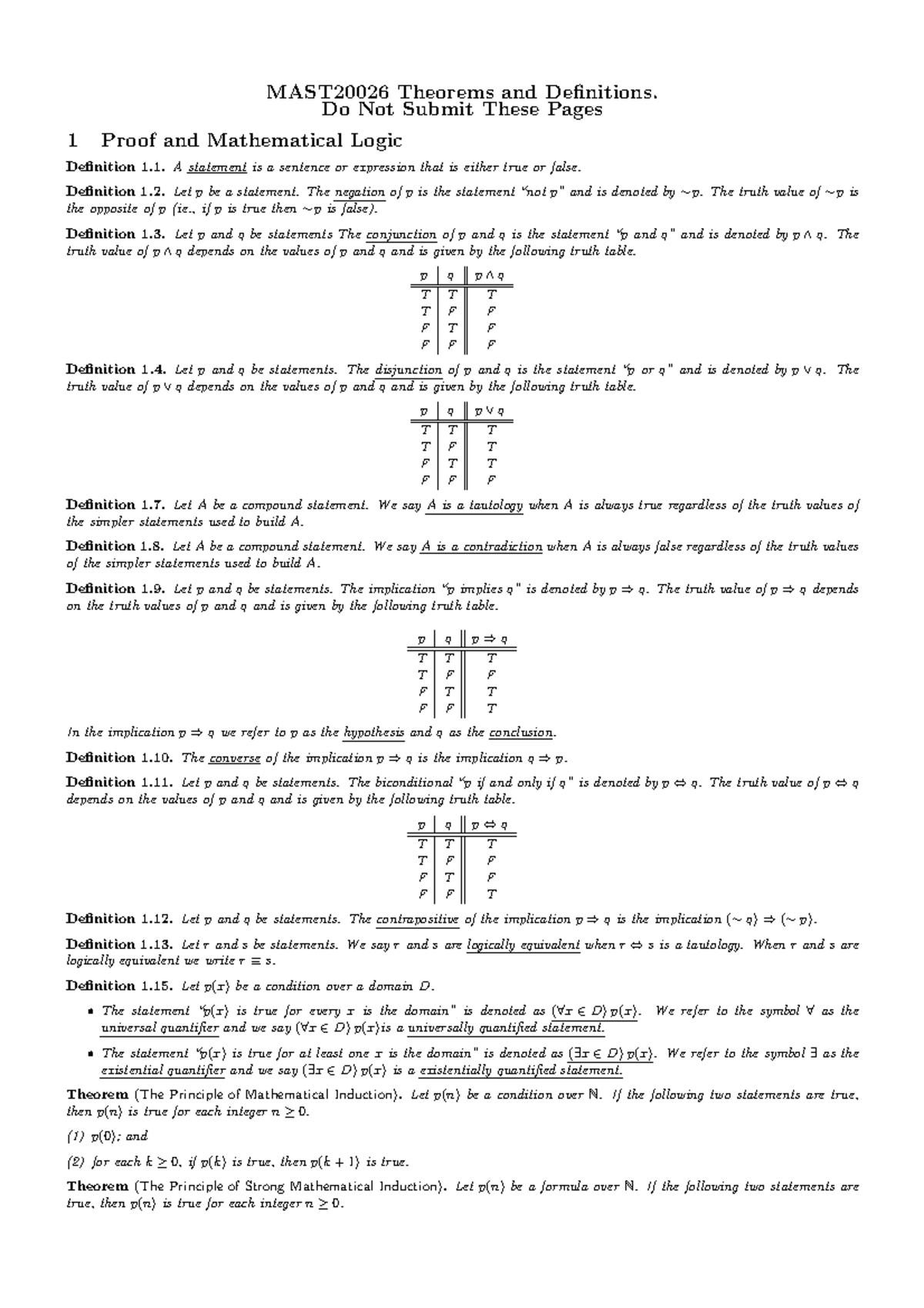 MAST2002 6 T2 Exam Materials - MAST20026 Theorems and Definitions. Do ...
