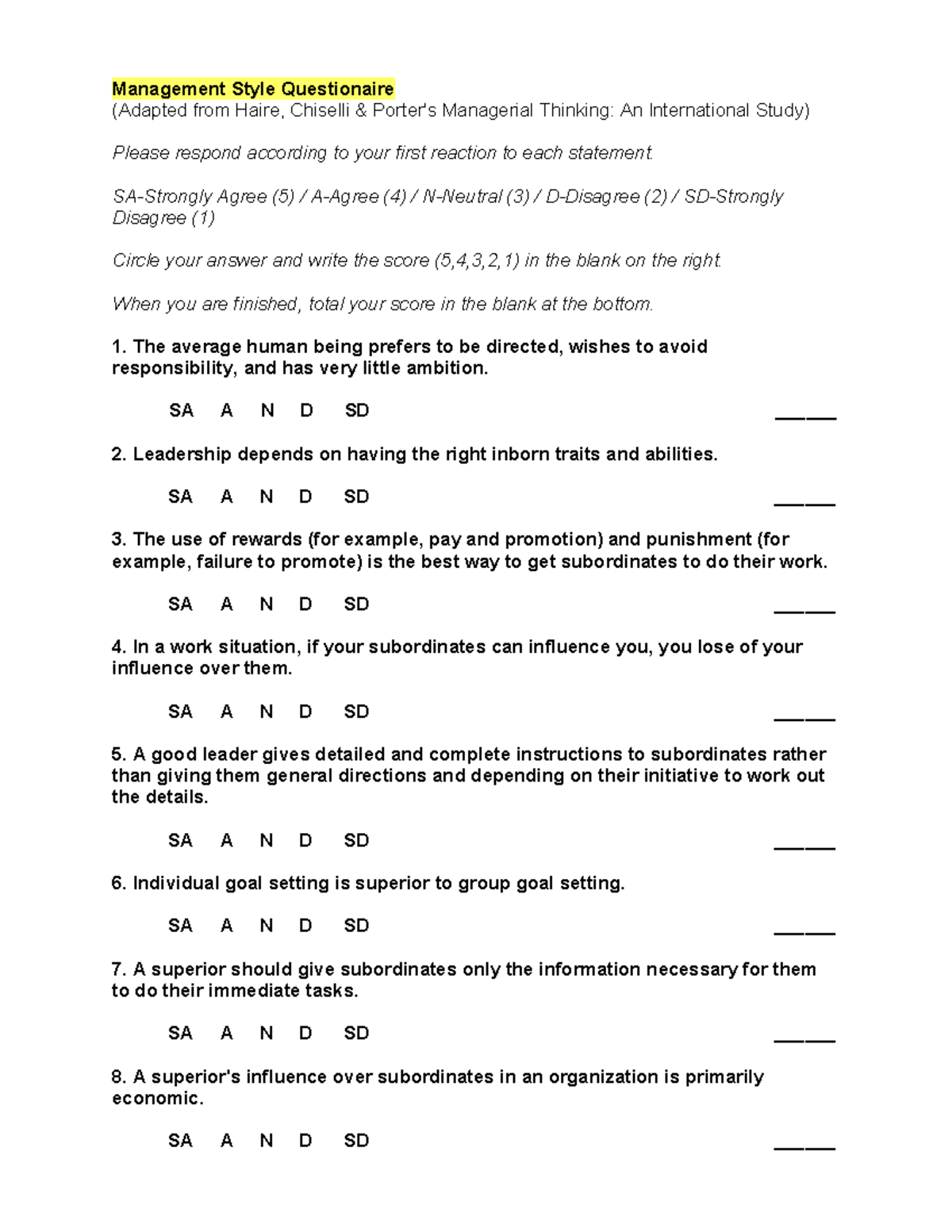 Management Style Questionaire - Management Style Questionaire (Adapted ...