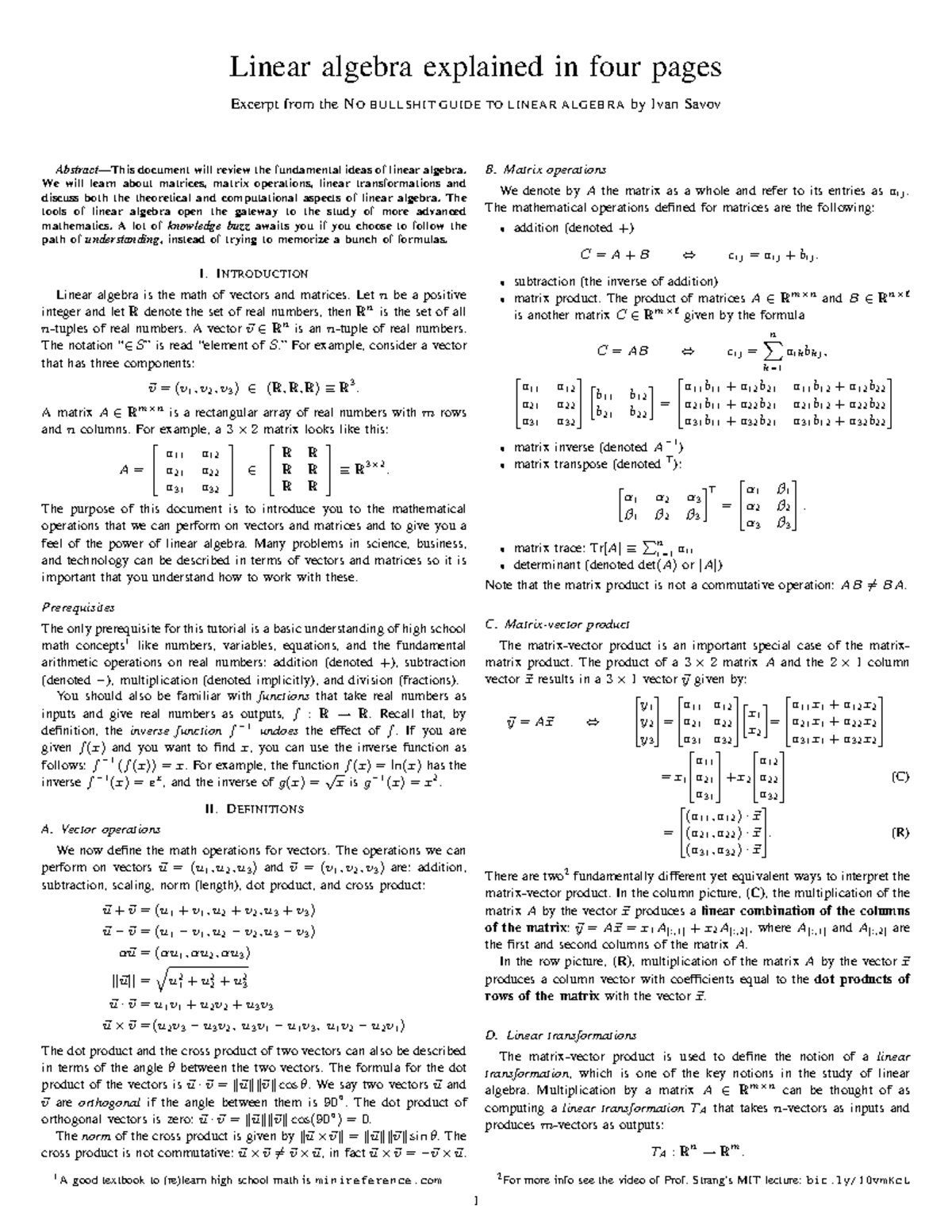 Savov Notes - matrix - Linear algebra explained in four pages Excerpt ...