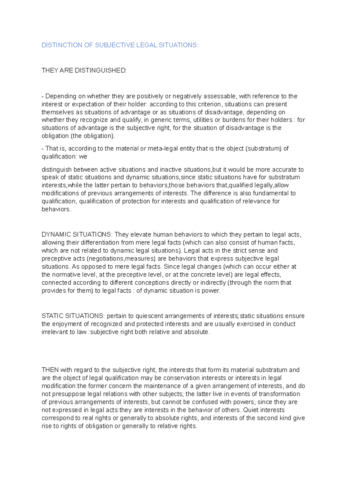 Distinction OF Subjective Legal Situations - DISTINCTION OF SUBJECTIVE ...