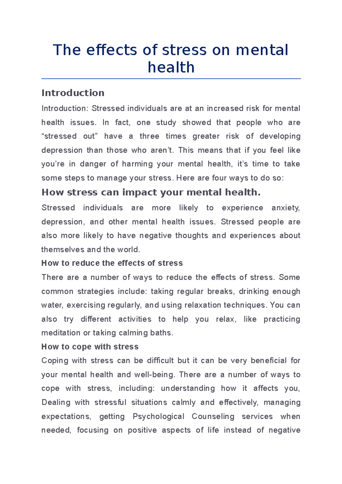 The effects of stress on mental health - The effects of stress on ...