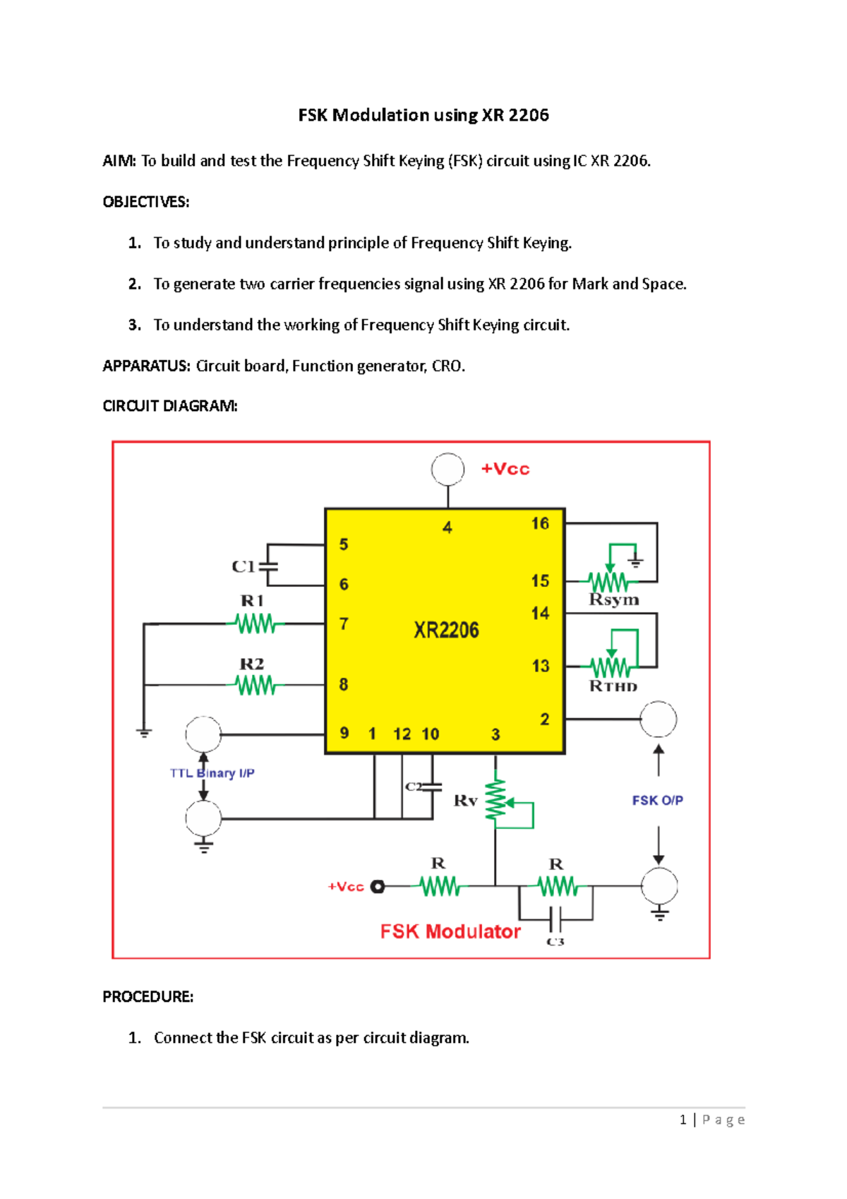 Fsk using XR 2206 - Electronic - FSK Modulation using XR 2206 AIM: To ...