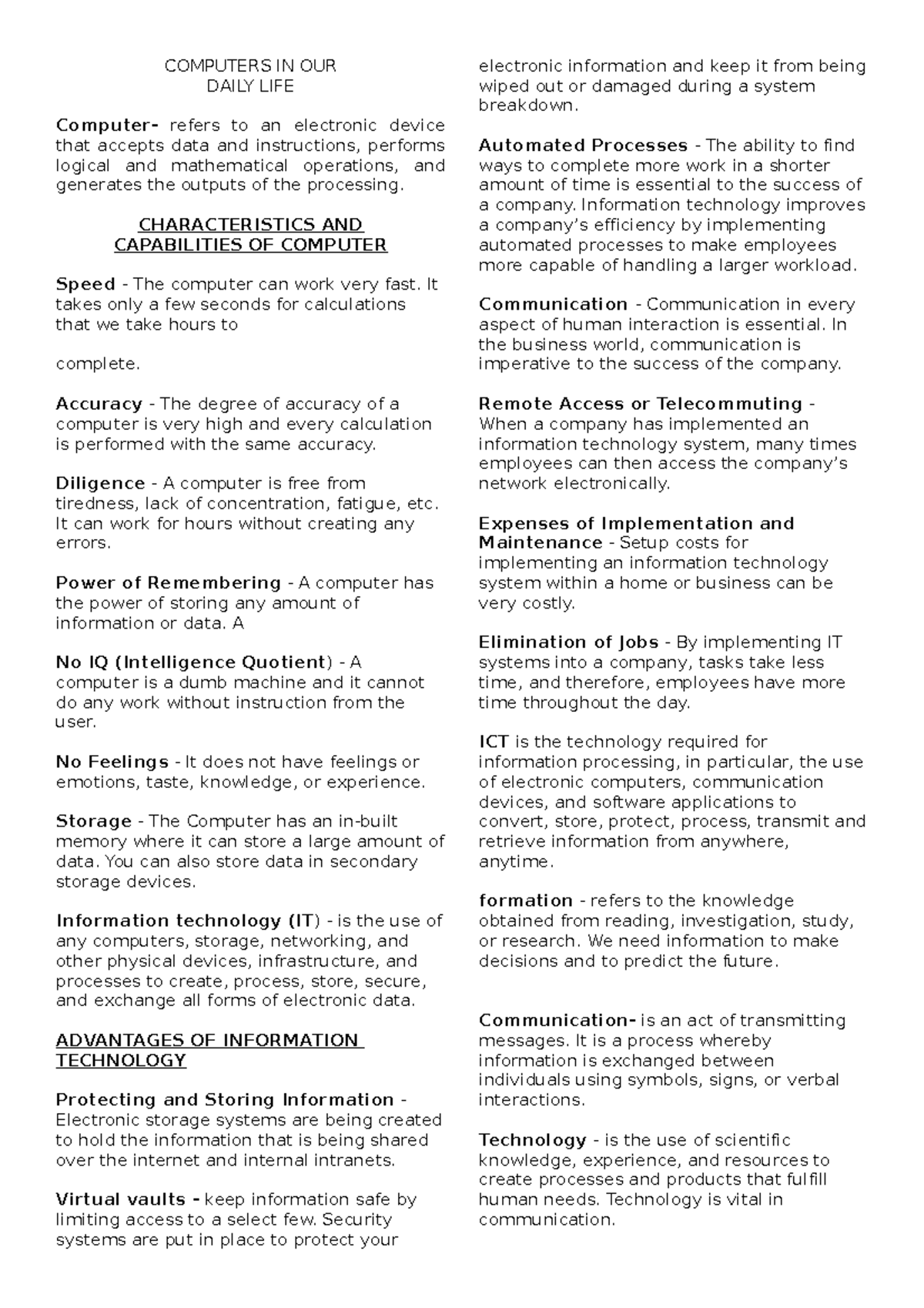 LITE Lesson Summary - hi hello - COMPUTERS IN OUR DAILY LIFE Computer ...