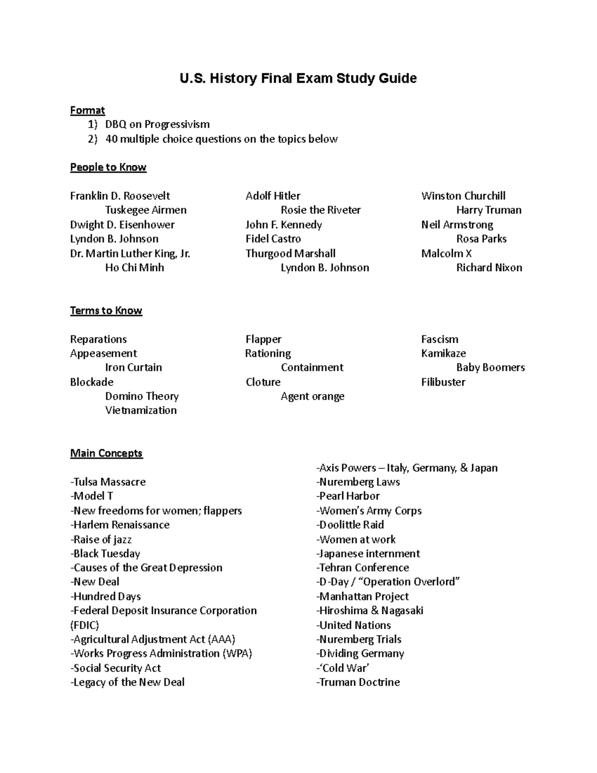 U.S. History Final Exam Study Guide - U. History Final Exam Study Guide ...