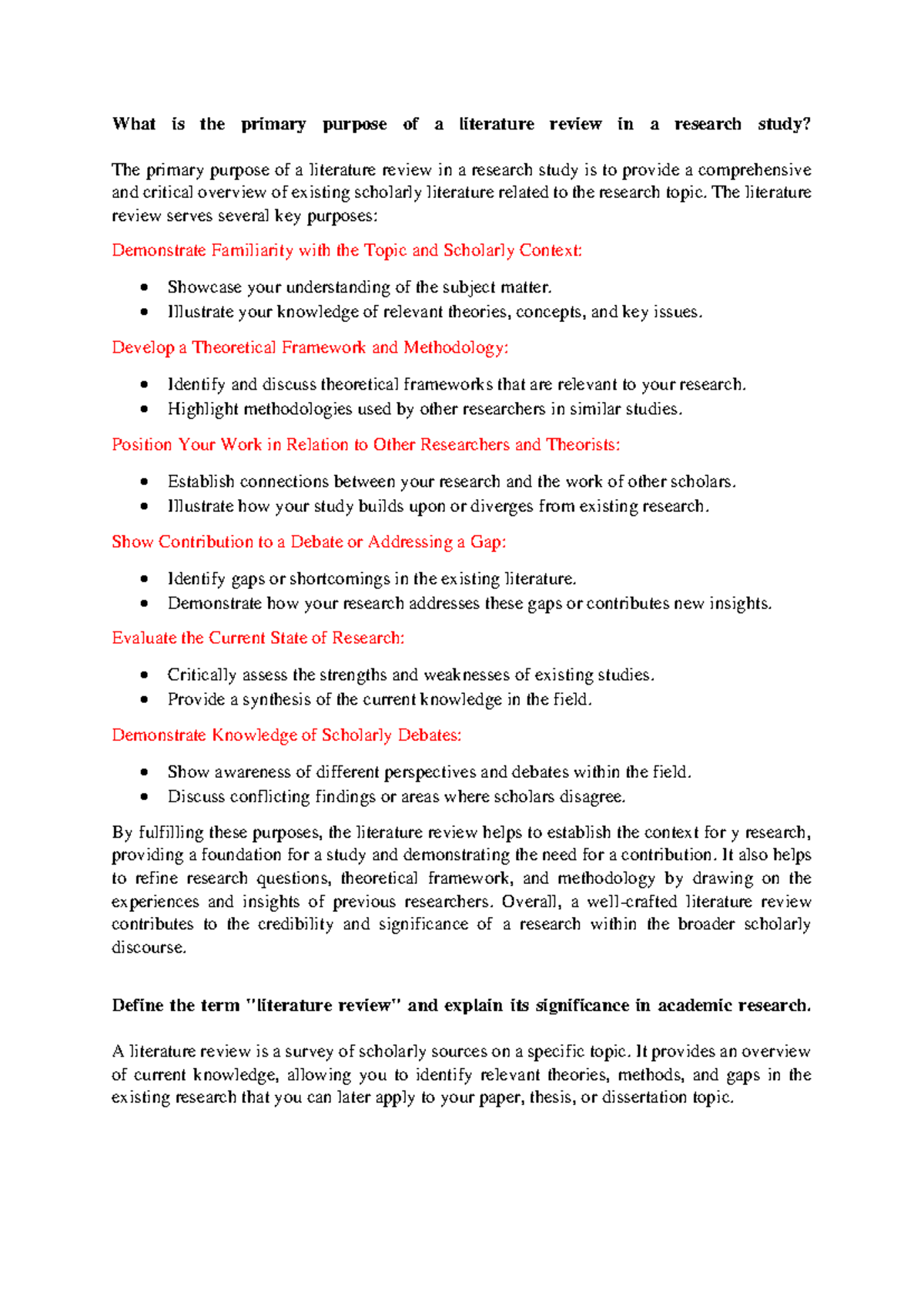 Reserch Methodology Sample Question Answer - What is the primary purpose of a literature review ...