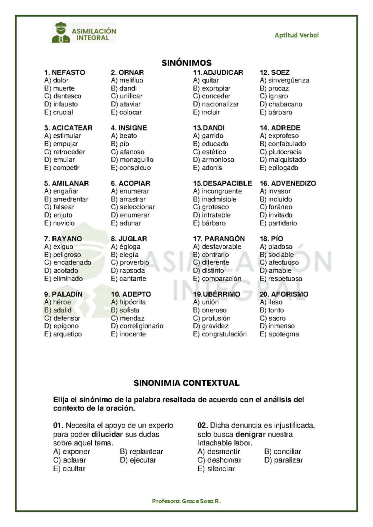 Sinónimos Y Sinonimia Contextual - Aptitud Verbal Profesora: Grace Sosa ...