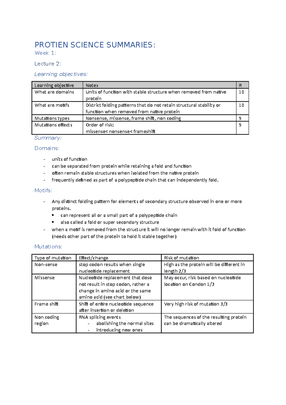 Protien Sceince Sumamries, Module 1, Lecture 2 - PROTIEN SCIENCE ...