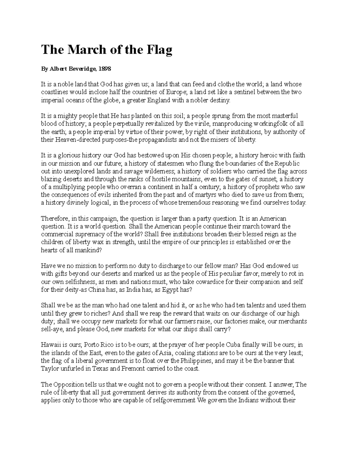 The March of the Flag by Albert Beveridge,1898 - It is a mighty people ...