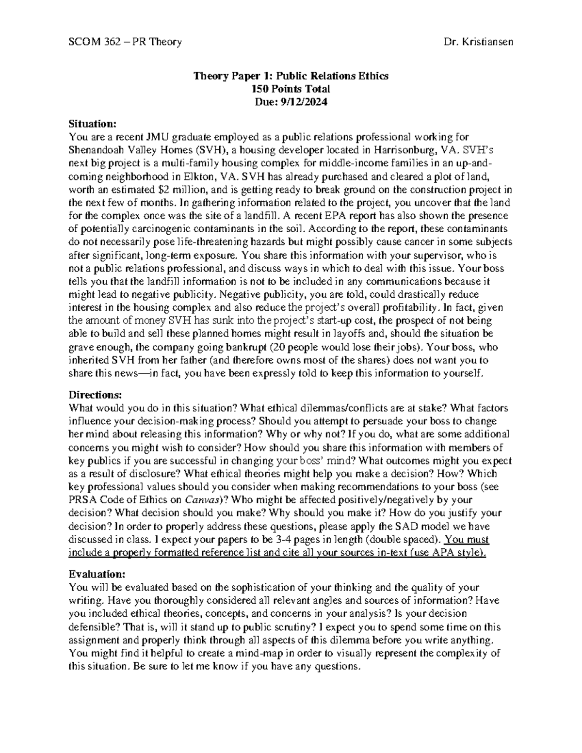 Theory Paper 1 - SCOM 362 – PR Theory Dr. Kristiansen Theory Paper 1 ...