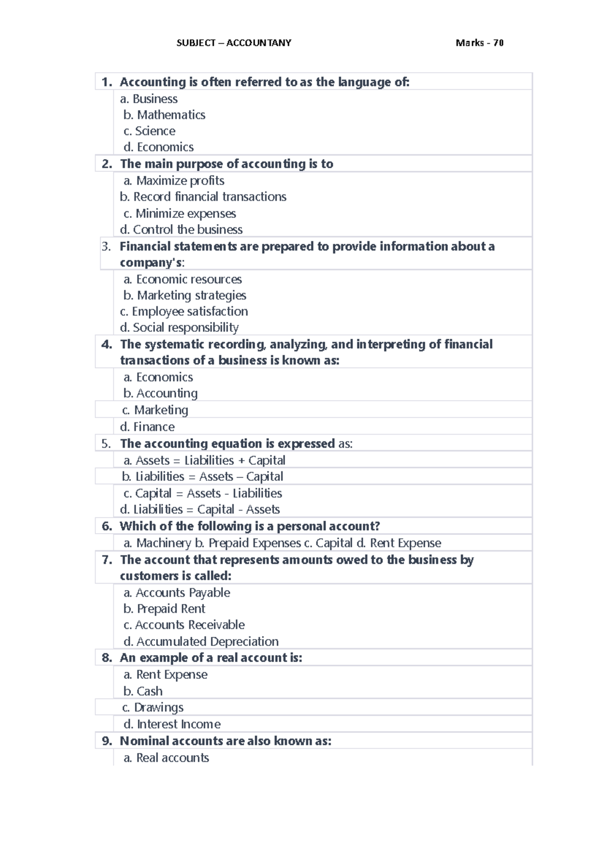 Accountancy 1 - Accounting is often referred to as the language of: a. Business b. Mathematics c ...