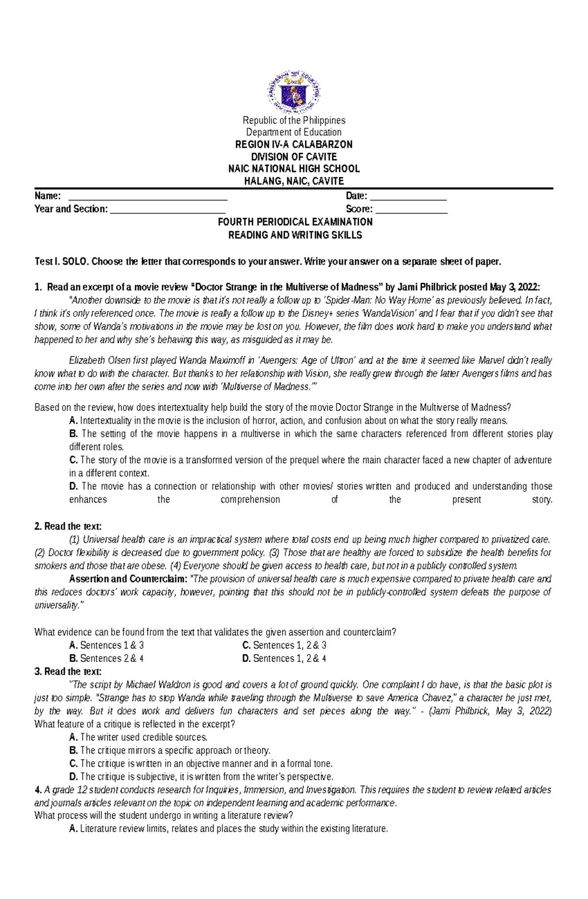 Quiz in Reading - Republic of the Philippines Department of Education ...
