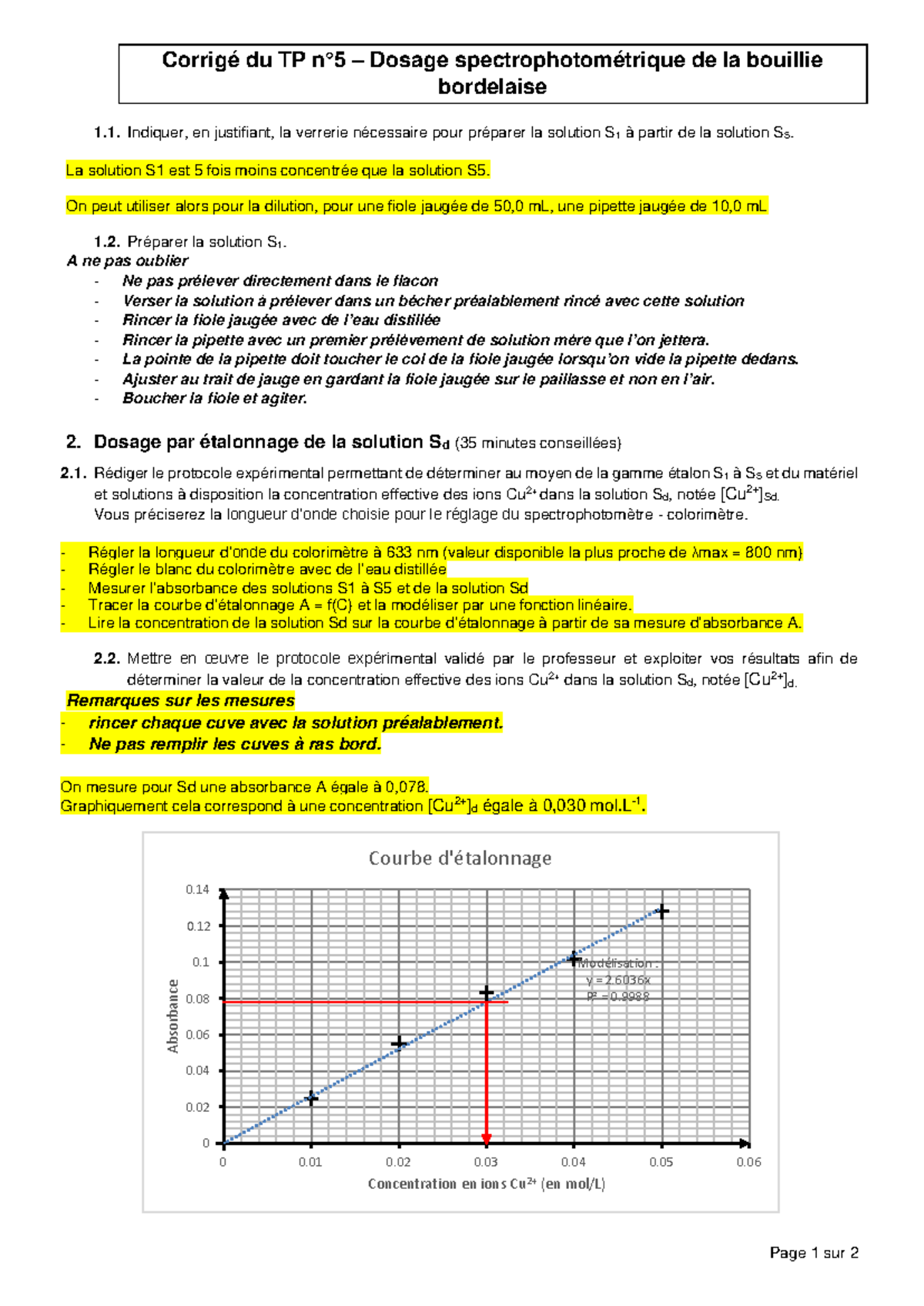 Corrigé-TPn°5 -type ECE- dosage spectrophotométrique - Page 1 sur 2 Corrigé du TP n°5 – Dosage ...