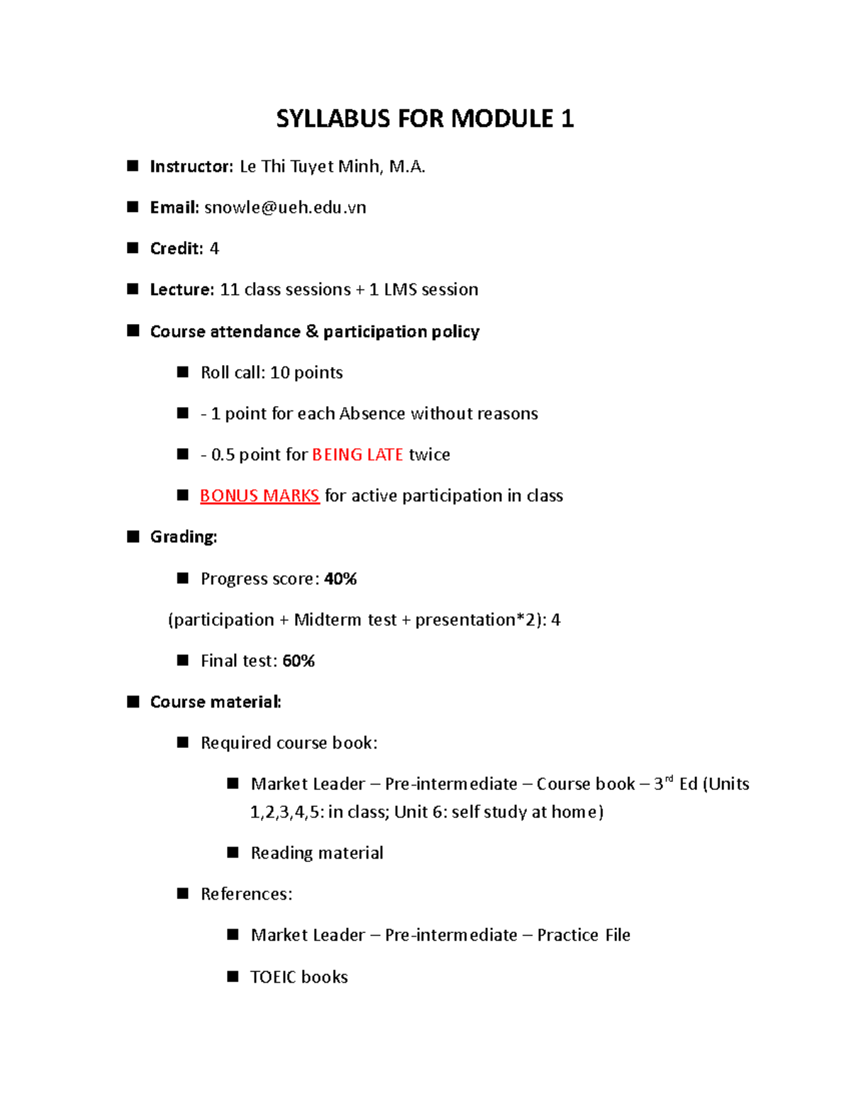 Syllabus FOR Module 1 - bài tiếng anh - SYLLABUS FOR MODULE 1 ...