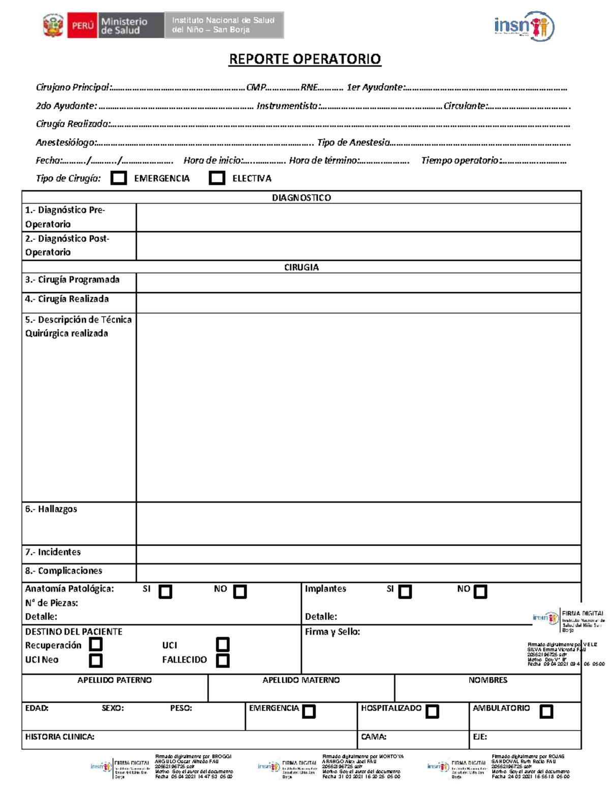 Formato operatorio - wefg - Instituto Nacional de Salud del Niño – San Borja REPORTE OPERATORIO ...