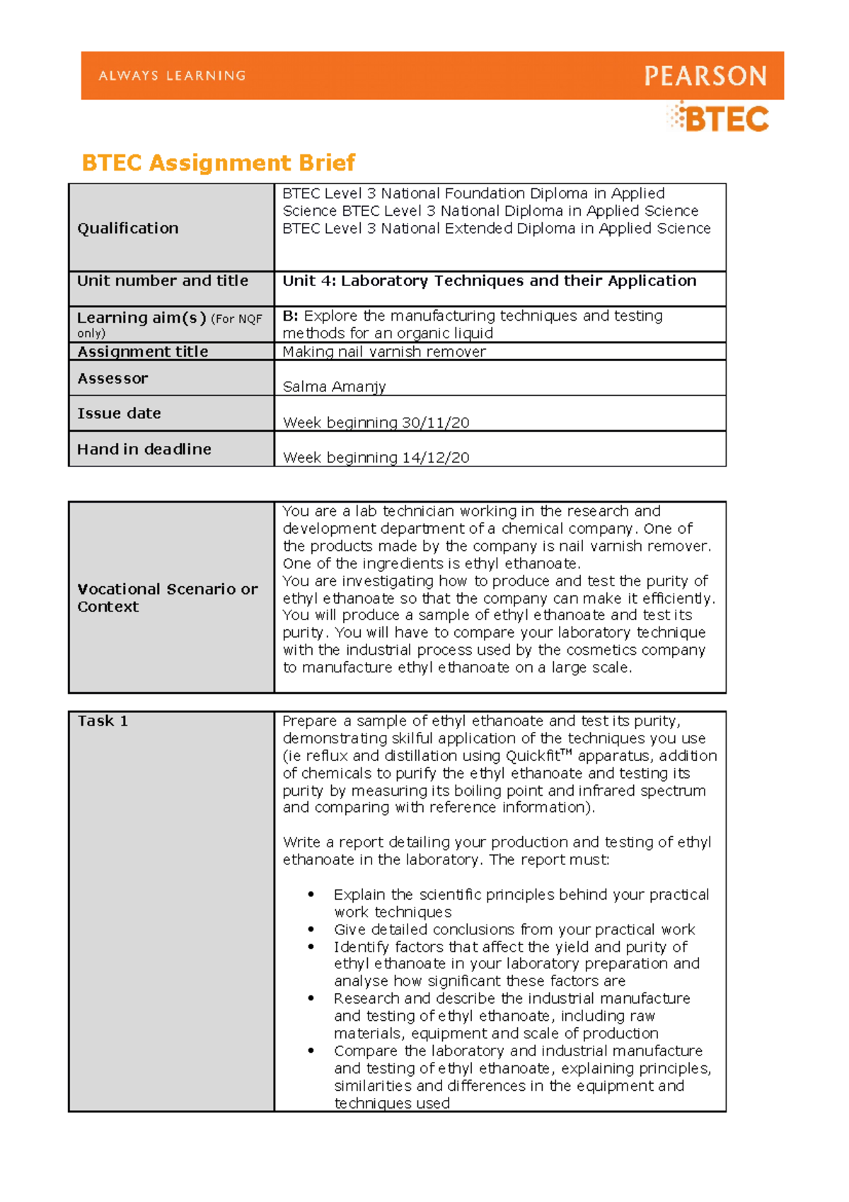 Assignment Brief Unit 2 Outcome A Practical Scientific Procedures and Techniques - BTEC ...