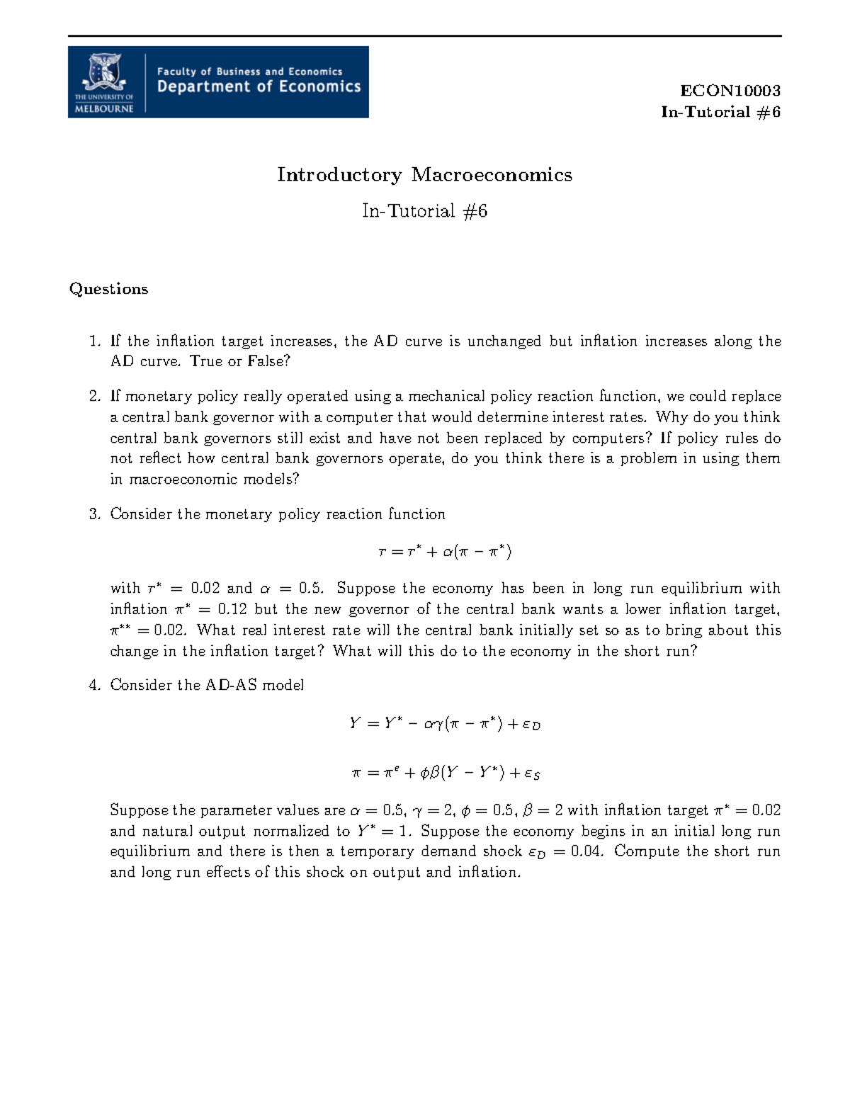 Tutorial 6 No Solution Econ In Tutorial Introductory Macroeconomics In Tutorial Questions