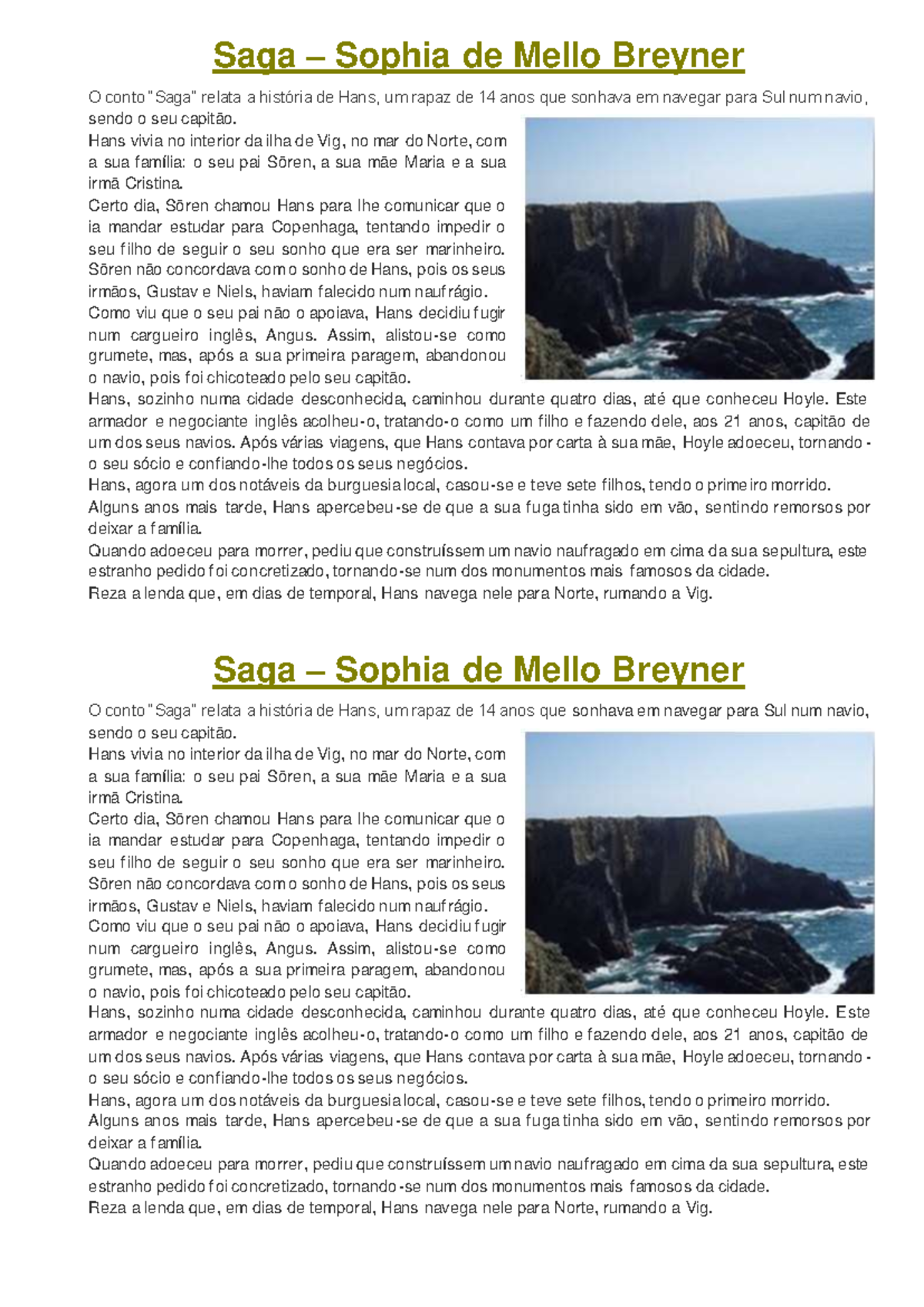 Saga Resumo - ........... - Saga – Sophia de Mello Breyner O conto ...