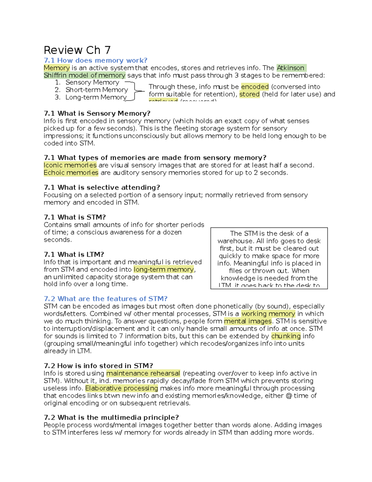 Review Ch 7 - Introduction to Psychology - Review Ch 7 7 How does ...