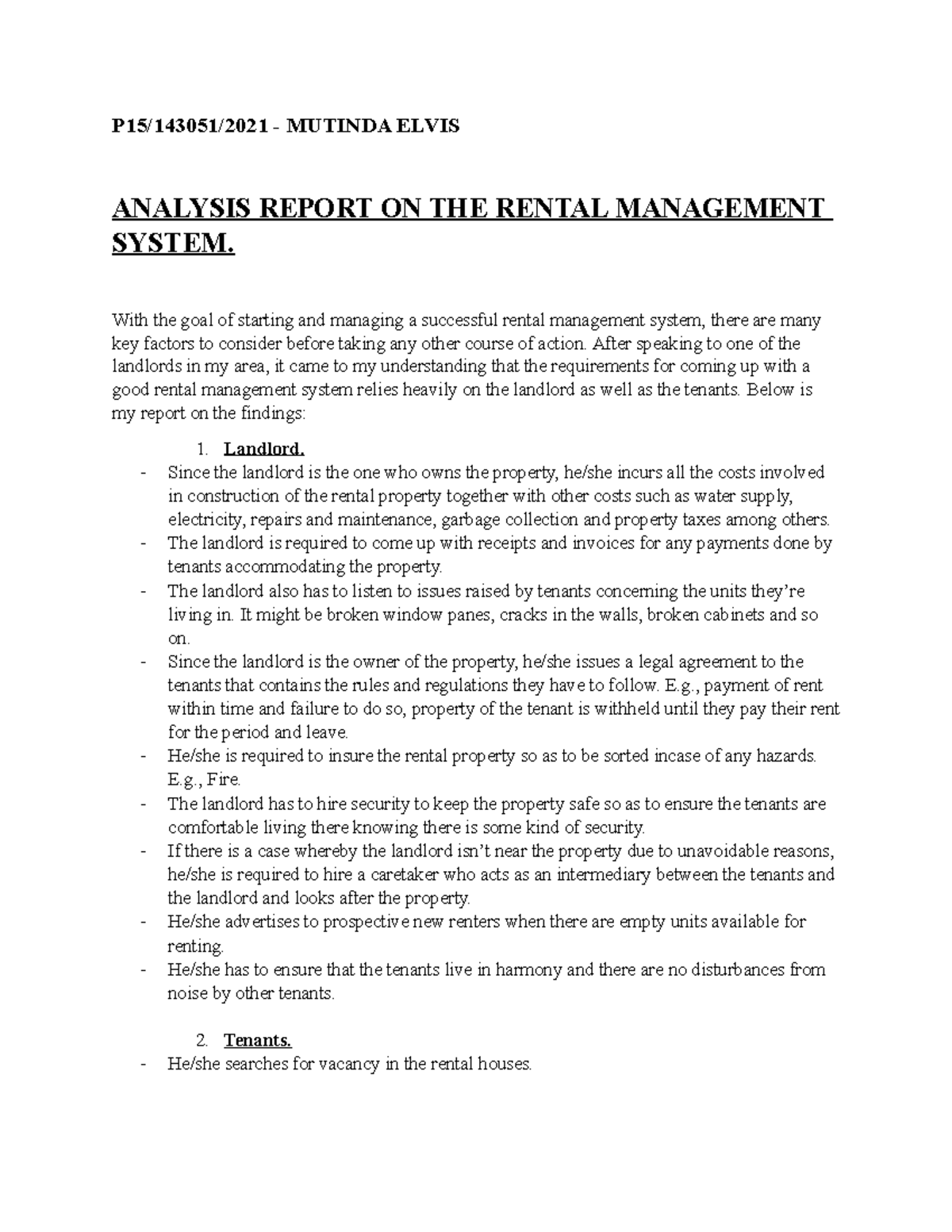Analysis report for rental management system - P15/143051/2021 ...