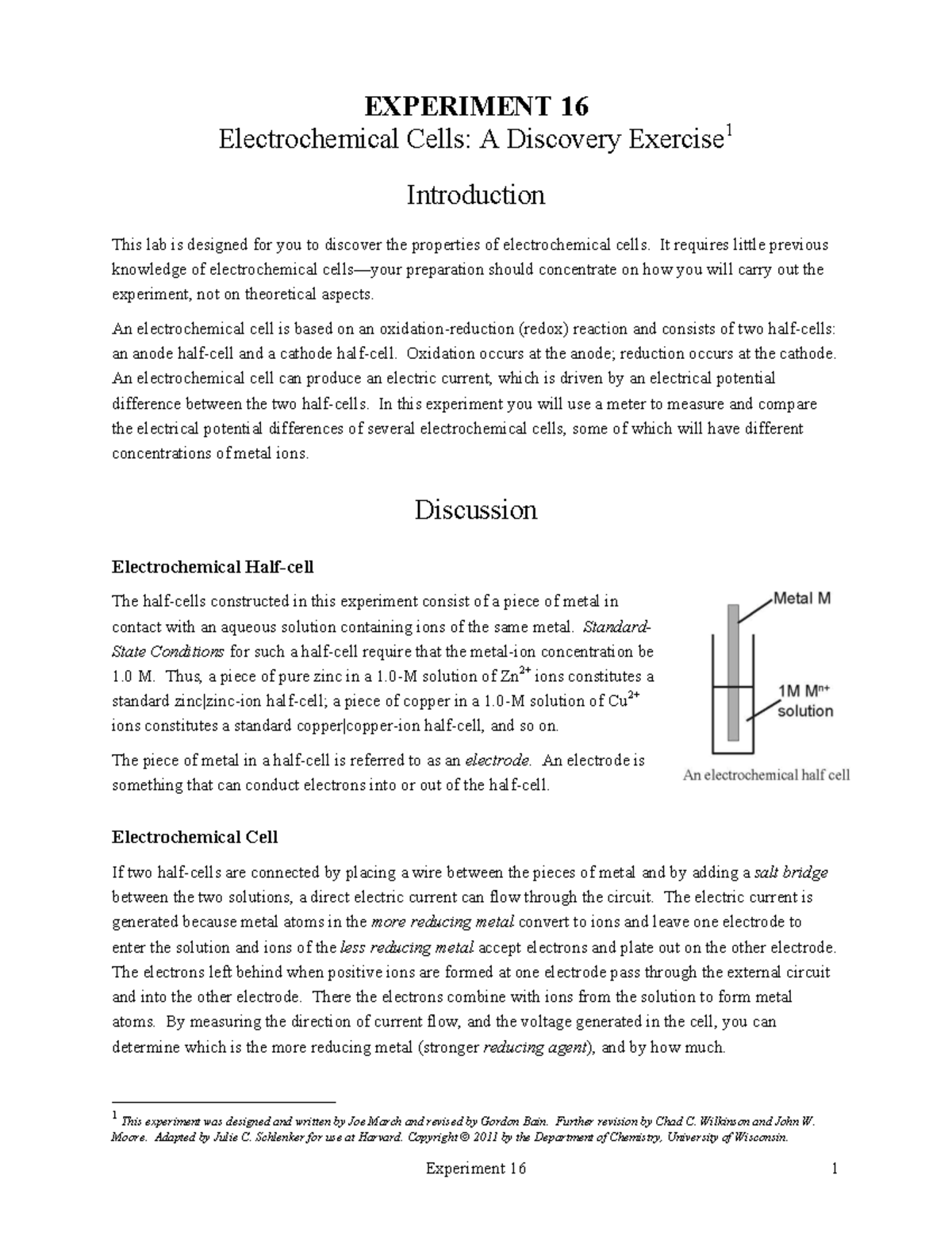 Lab 5 - Electrochemical Cells and Cell Potentials - EXPERIMENT 16 ...