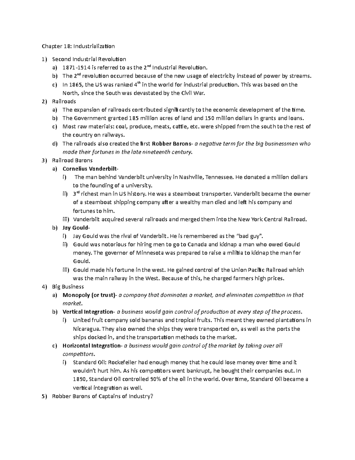 Industrialization and Railroads: Chapter 18 Summary - Studocu