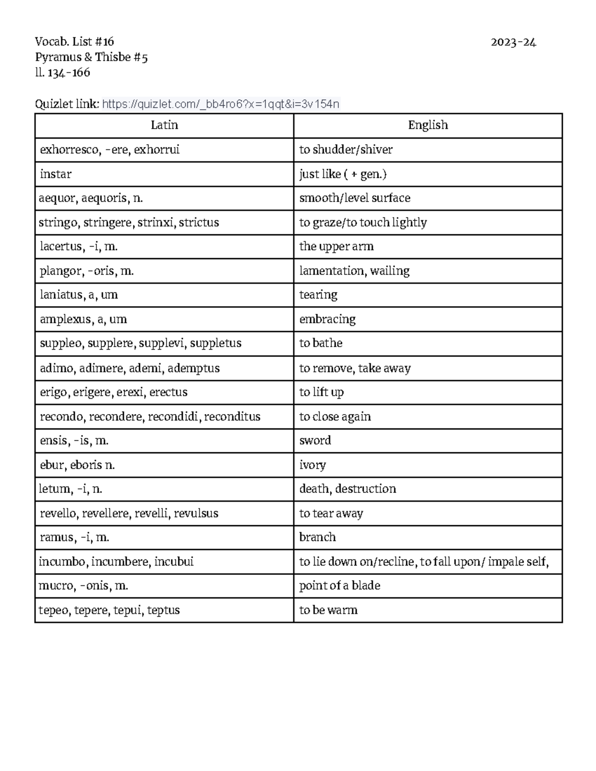 P&TVocab List#5 - Pryamus and Thisbe vocab - Vocab. List #16 2023 ...