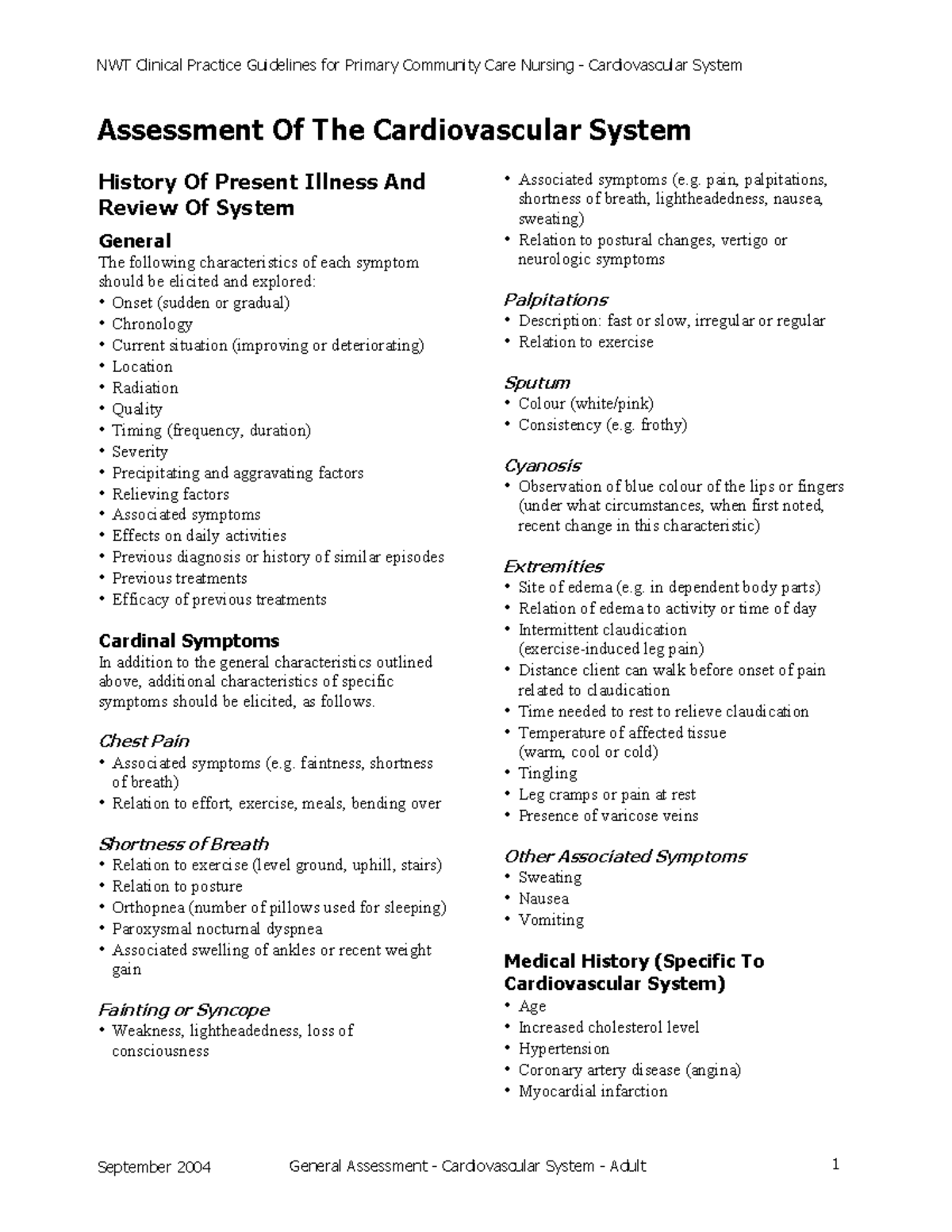 Cpgpccn cardiovascular system adult assessment - September 2004 General ...