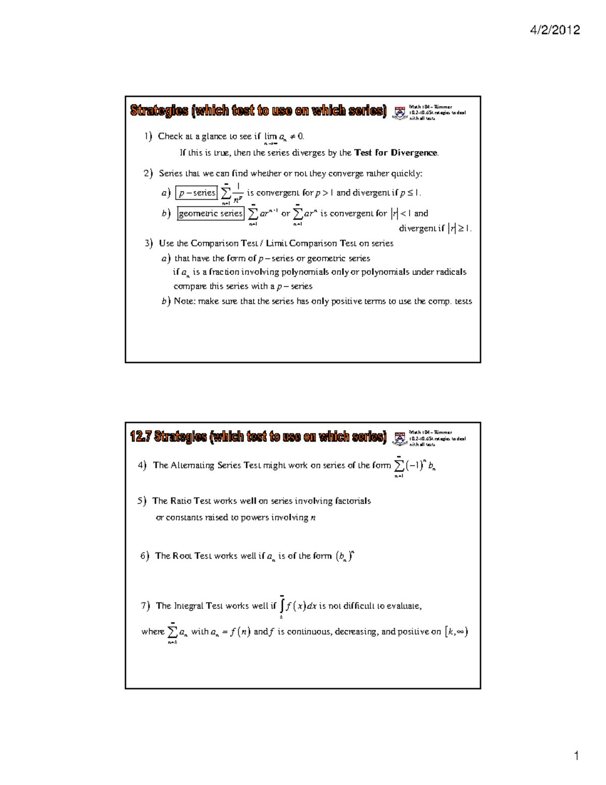 Strategies to deal with all tests - Math 104 – Rimmer 10.2-10 ...