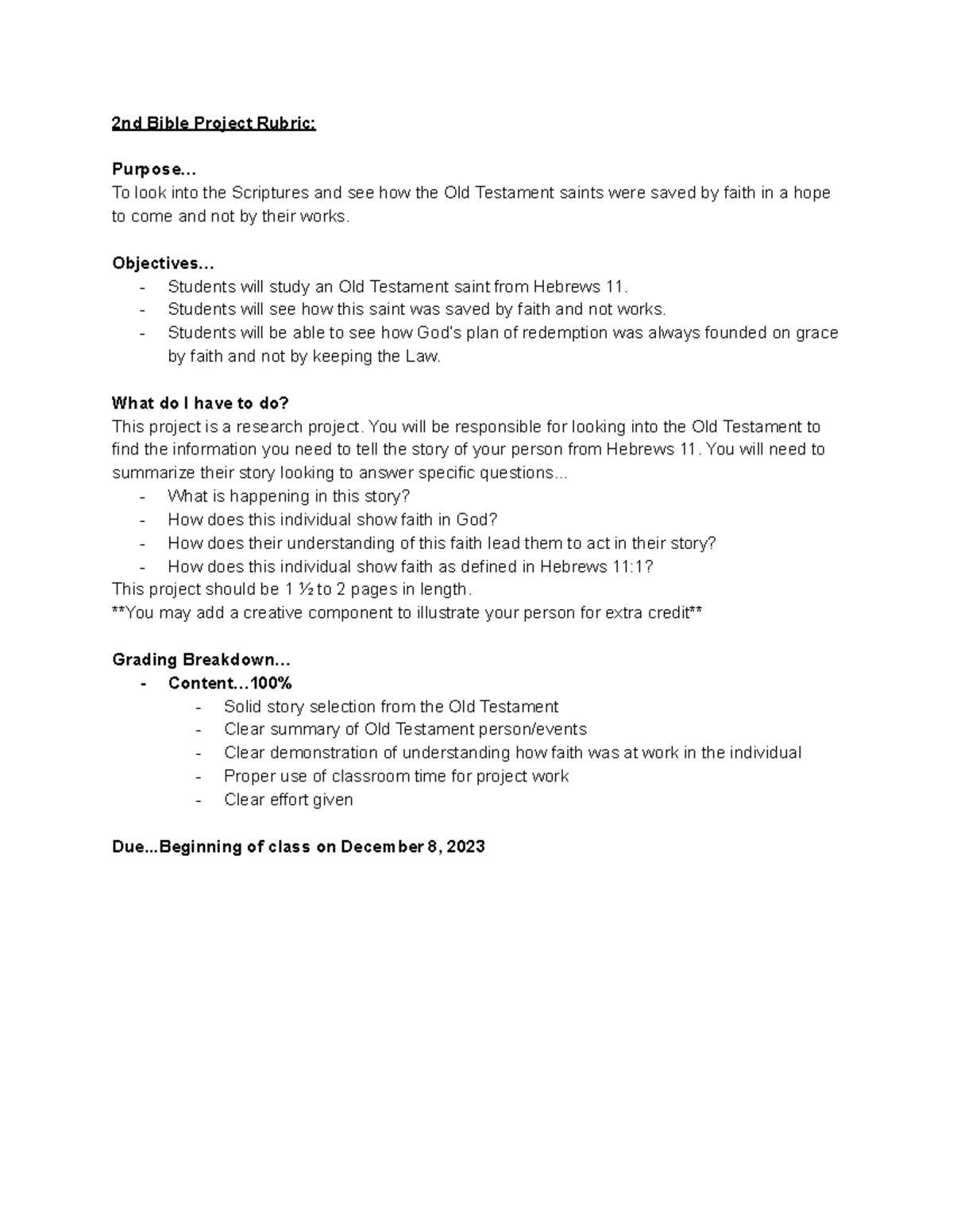 2nd-Bible-Project-Rubric - 2nd Bible Project Rubric: Purpose... To look ...