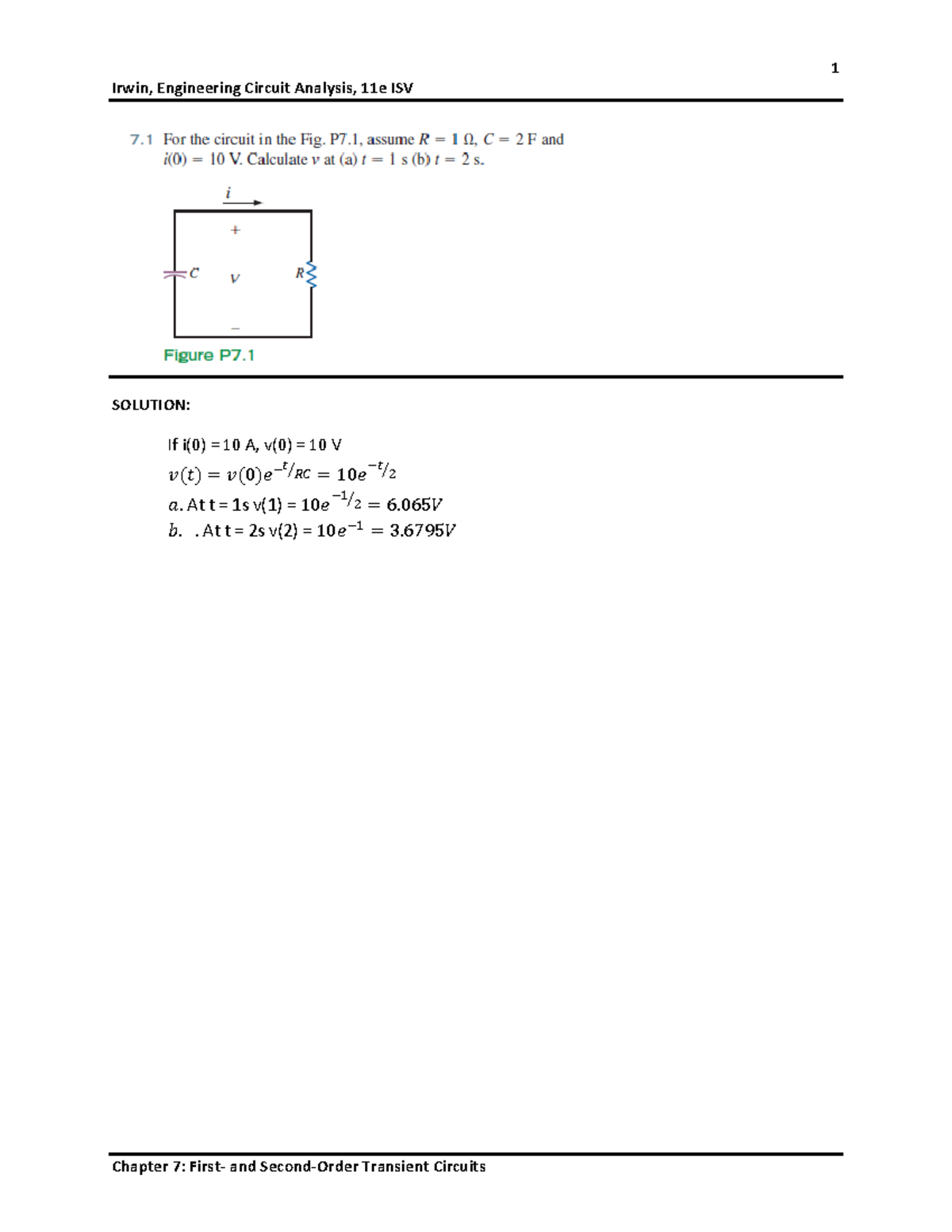 Ch07 - chapter7 - Irwin, Engineering Circuit Analysis, 11e ISV SOLUTION: If i(0) = 10 A, v(0 ...