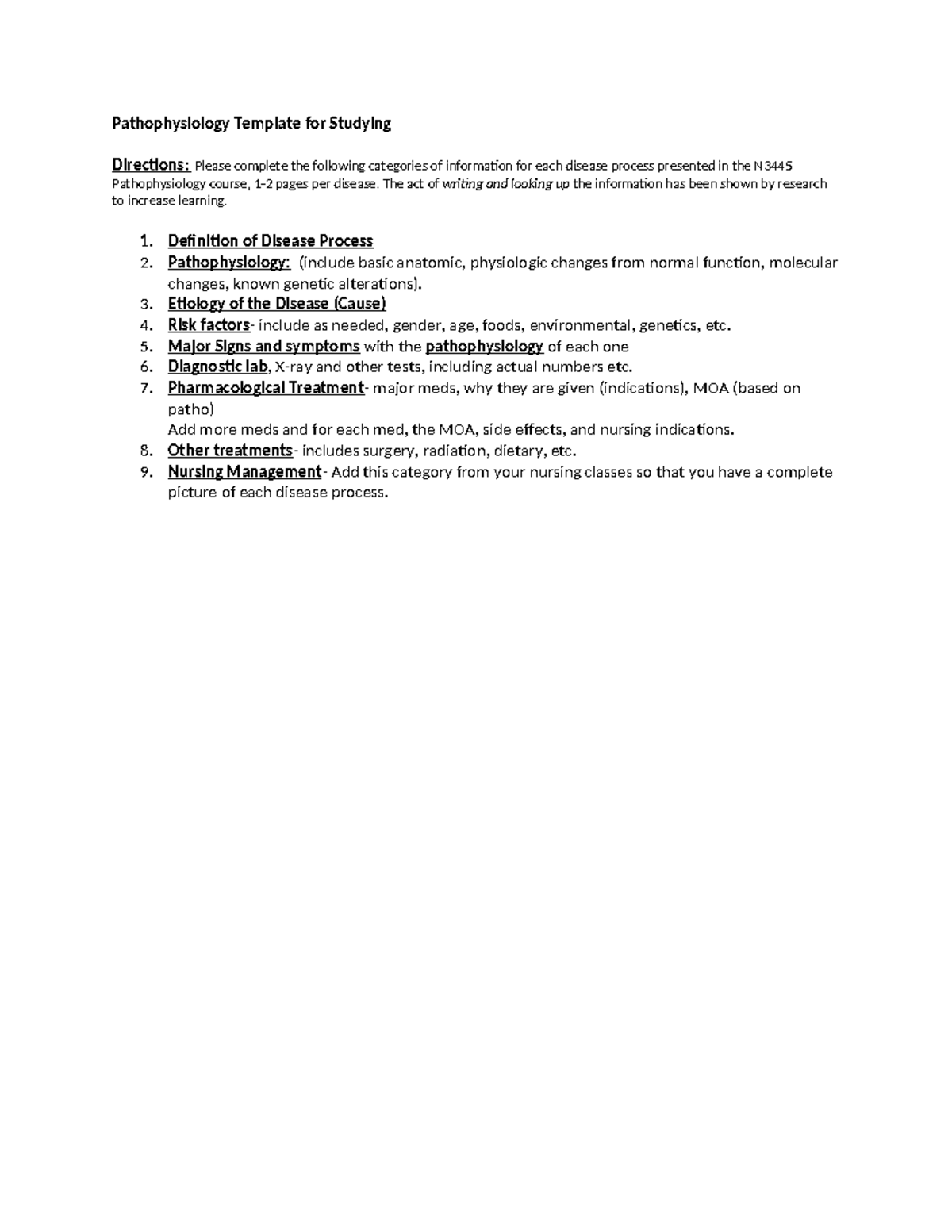 Patho Study Template - Pathophysiology Template for Studying Directions ...