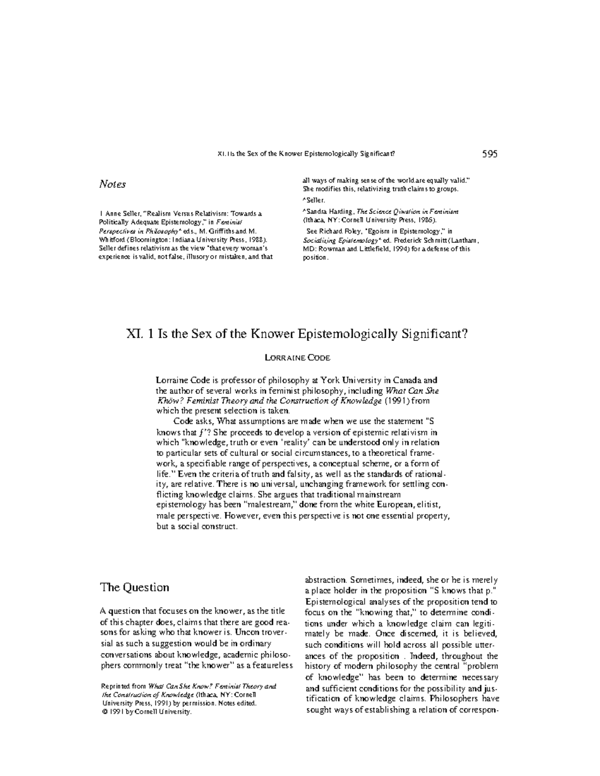 Is the Sex of the Knower Epistemologically Significant by Lorraine Code ...