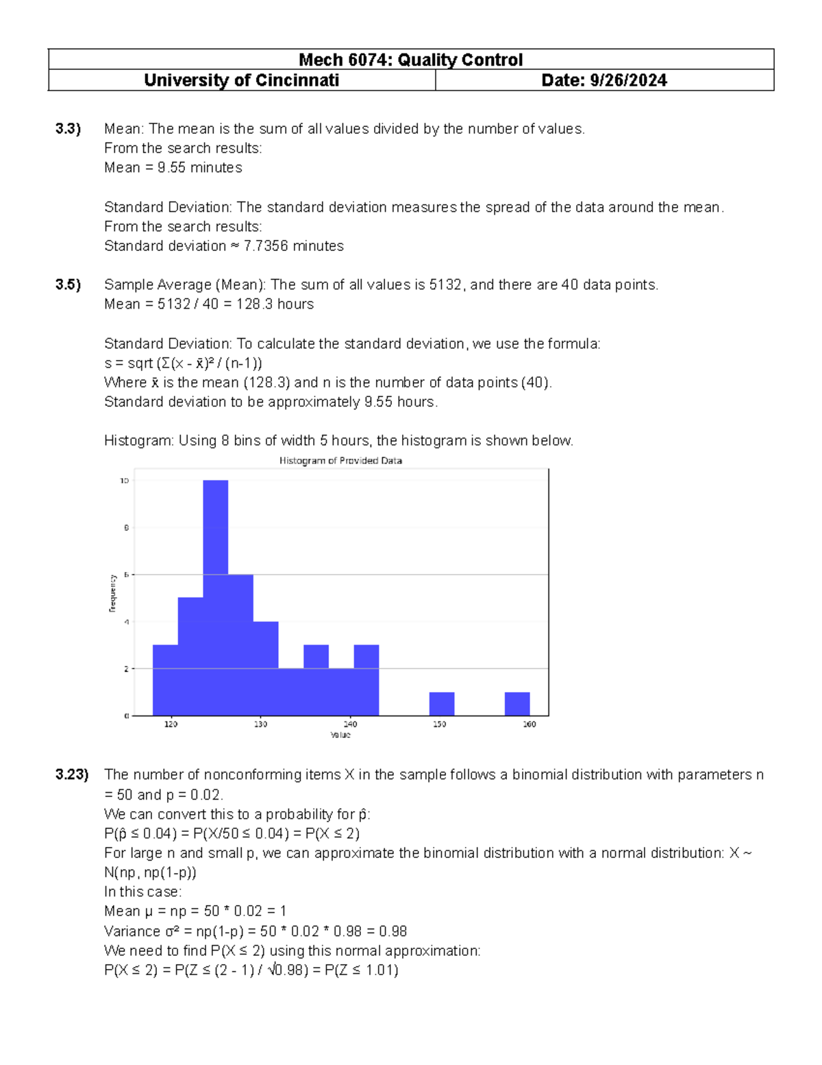 Hw2 - Homework Assignment 2 - Mech 6074: Quality Control University of ...