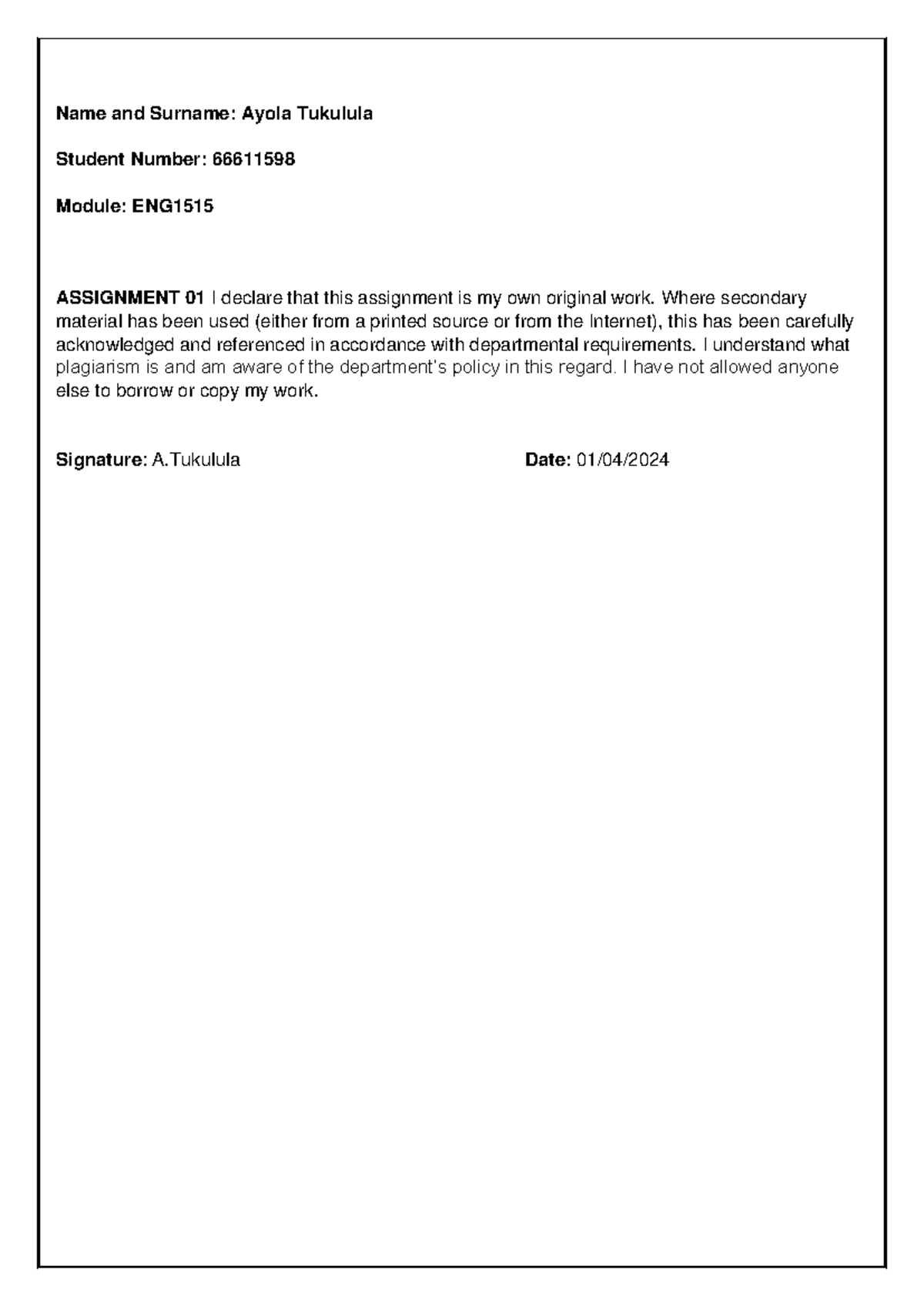 Assignment 1-ENG1515 - Name and Surname: Ayola Tukulula Student Number ...