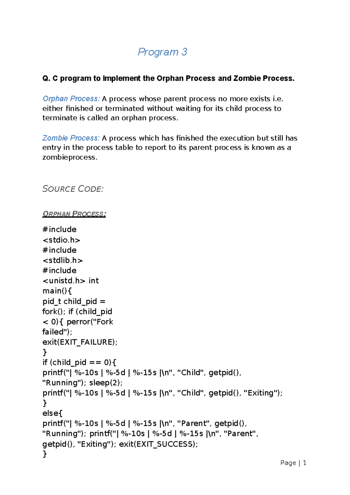Final Os - OS file submit - Page | 1 Program 3 Q. C program to Implement the Orphan Process and ...