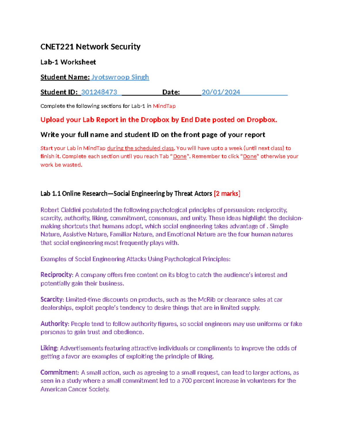 Lab-1 Worksheet - lab - CNET221 Network Security Lab-1 Worksheet Student Name: Jyotswroop Singh ...