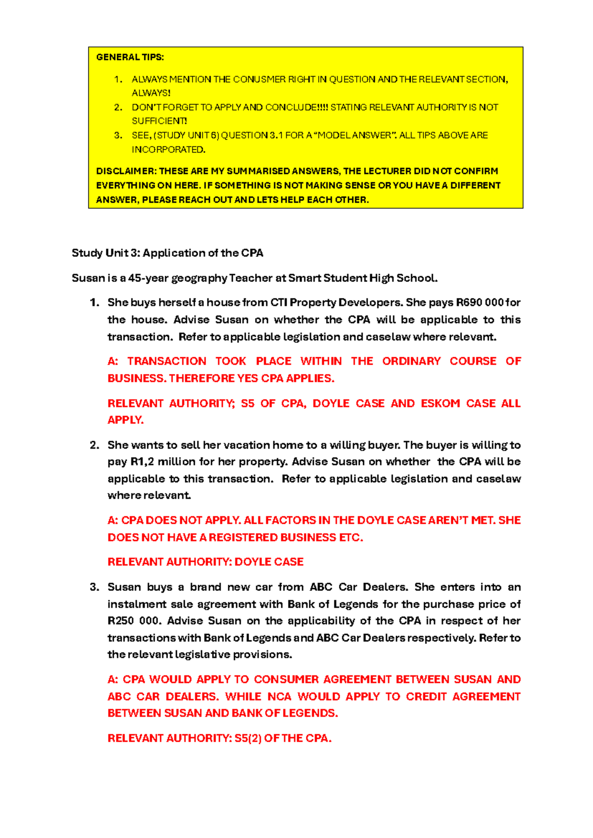 Revision Questions - LECTURE NOTES 2024 - Study Unit 3: Application of ...