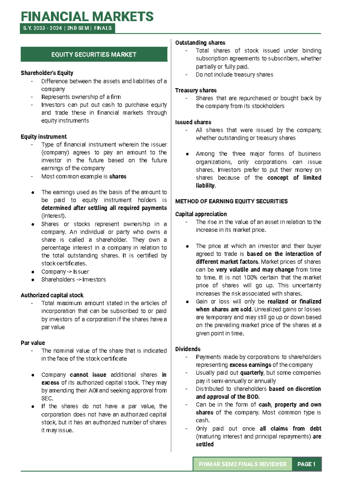 Fin Mar Notes - FINANCIAL MARKETS S. 2023 - 2024 | 2ND SEM | FINALS ...