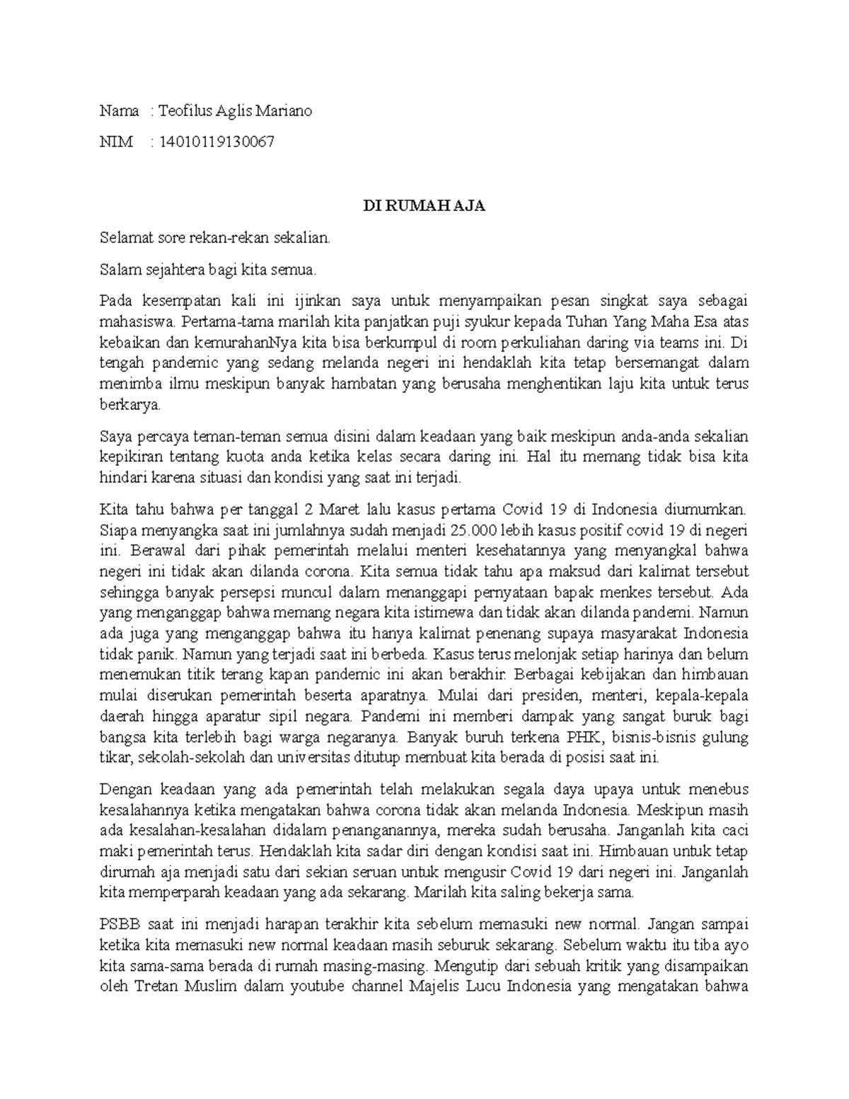 Pidato hari buruh - Nama : Teofilus Aglis Mariano NIM : 14010119130067 ...