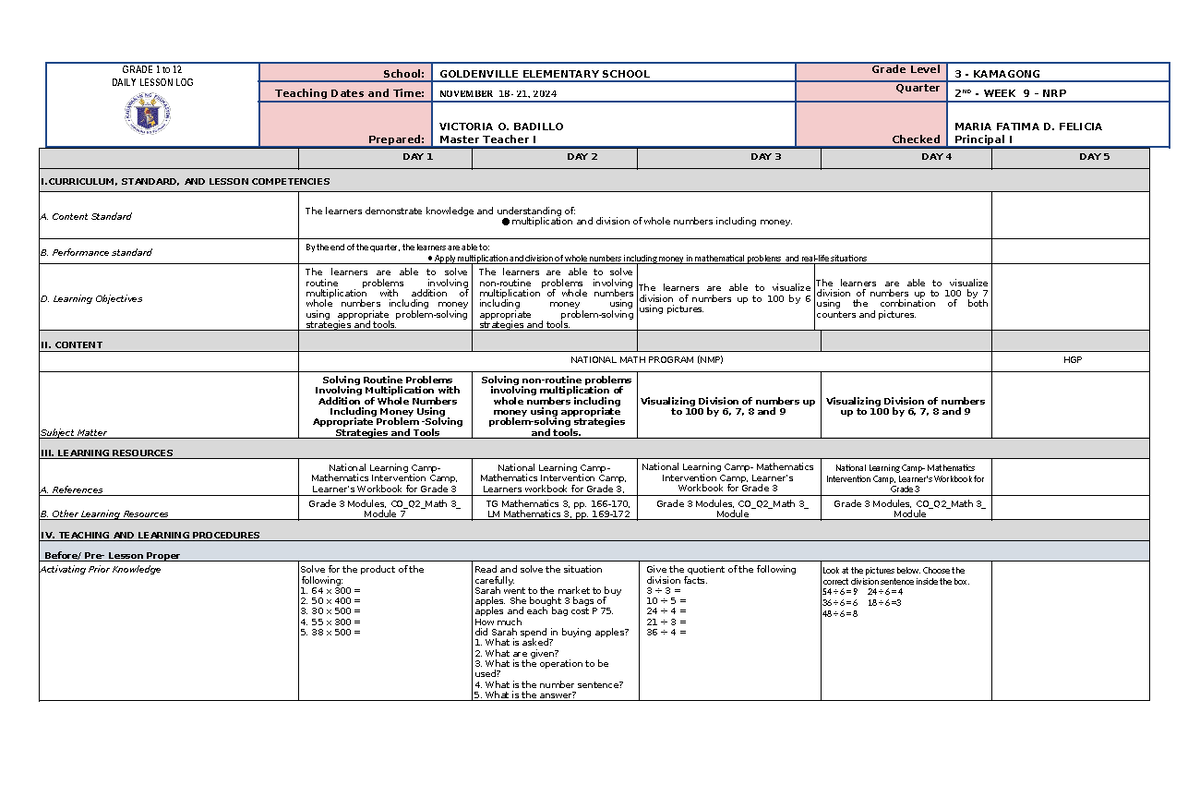 NMP-W6Q2- English - n/a - GRADE 1 to 12 DAILY LESSON LOG School ...