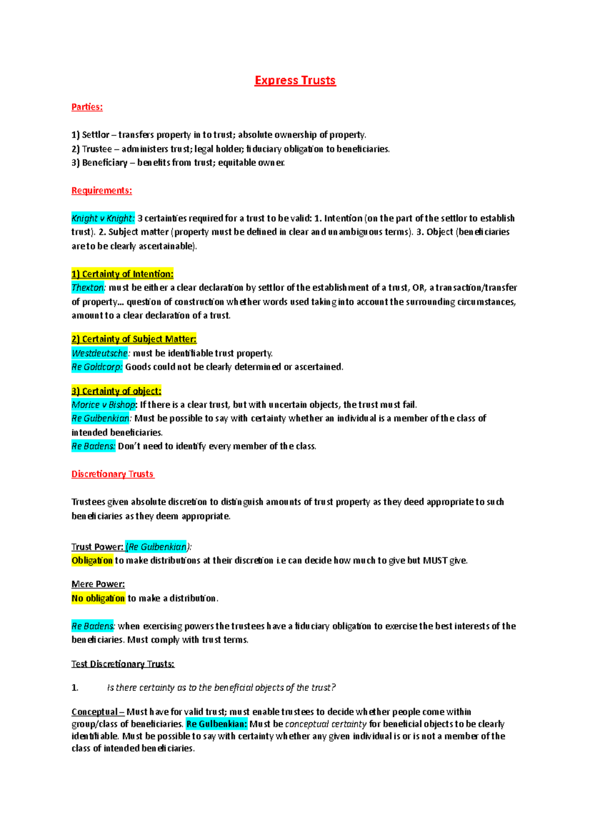 FULL Cheat Sheet - Summary Equity and Succession - Express Trusts ...